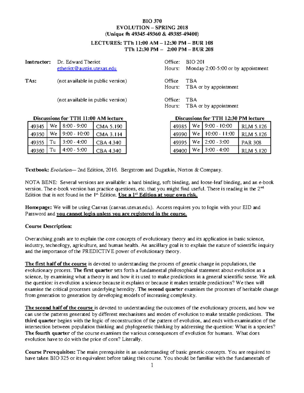 info for cell bio 3 - BIO 370 EVOLUTION – SPRING 2018 (Unique #s 49345 ...