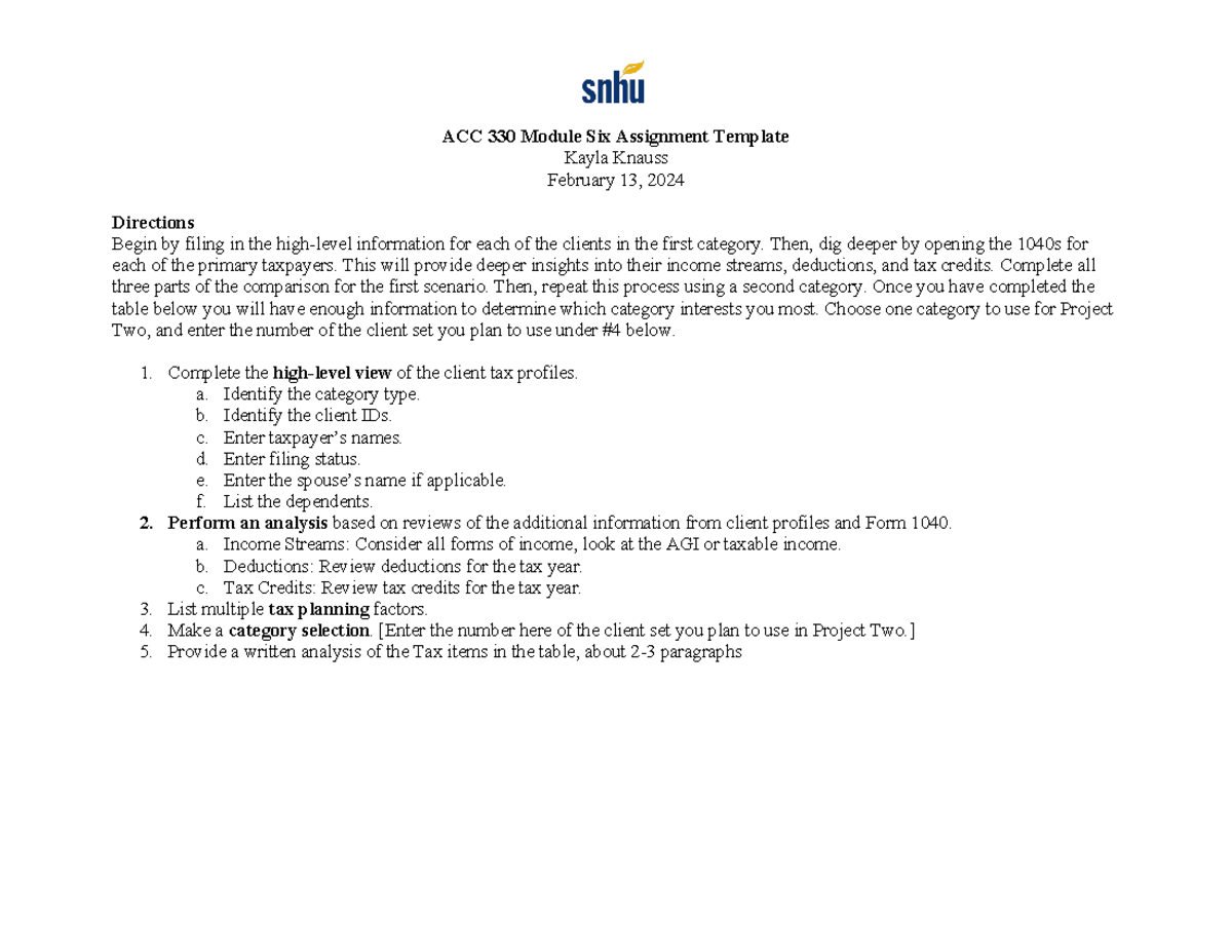 ACC 330 Module Six Assignment Template - ACC 330 Module Six Assignment ...