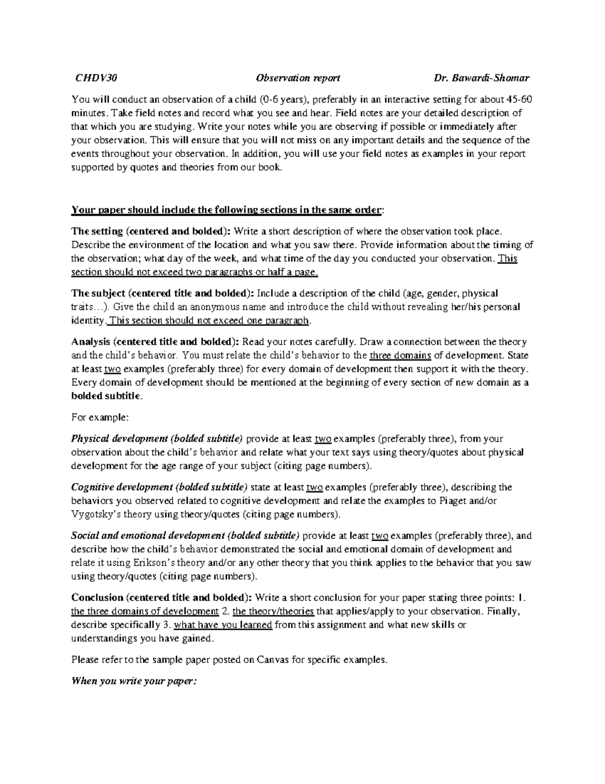 Observation Report Spring 2019 - CHDV30 Observation report Dr. Bawardi ...