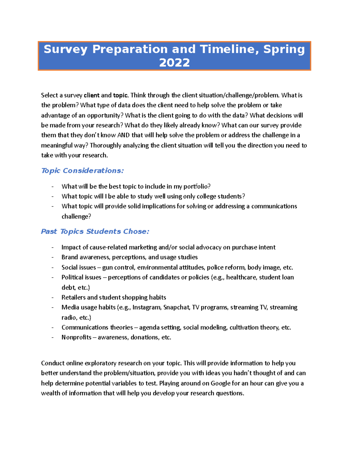 Survey Prep and Timeline S22 - Survey Preparation and Timeline, Spring ...