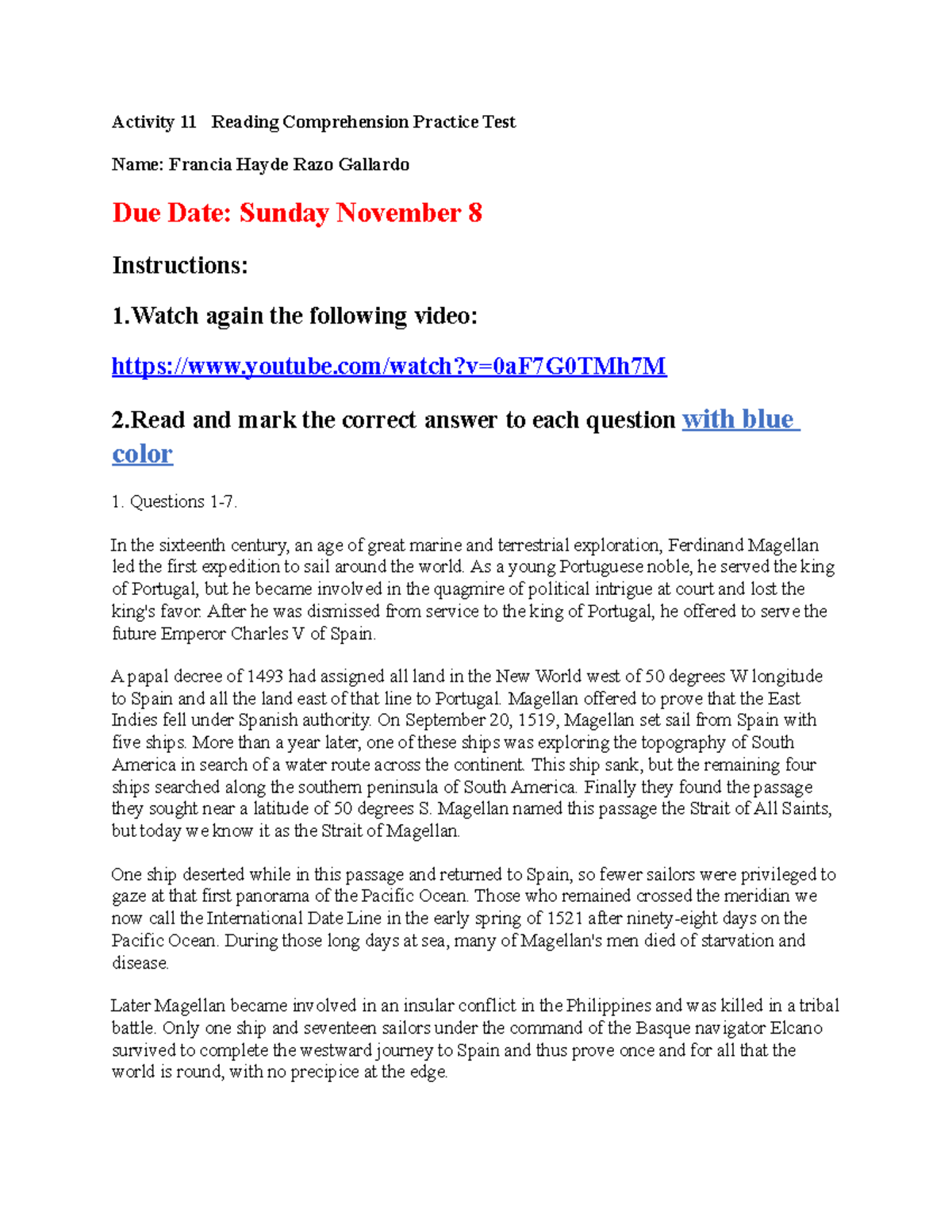 Activity 11 Reading comprehension - Activity 11 Reading Comprehension ...