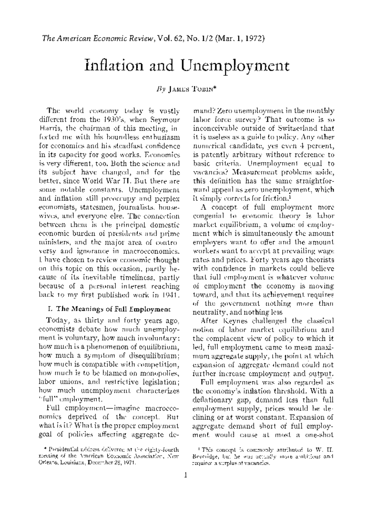 James Tobin Inflation AND Unemployment - Inflation and Unemployment By ...