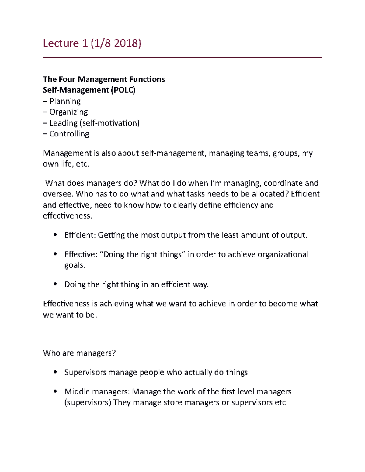 Lecture Notes - Lecture 1 2018) The Four Management Functions (POLC ...