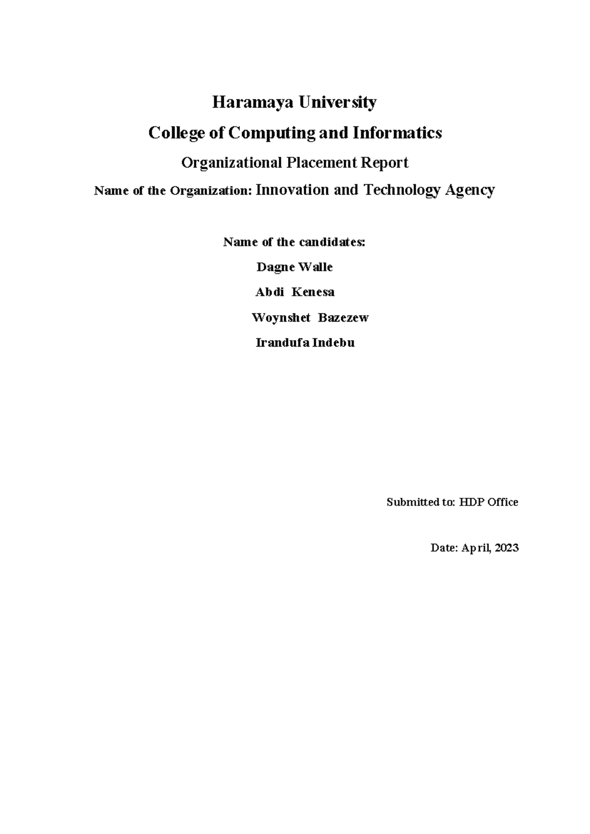 Updated HDP organization placment report - Haramaya University College of Computing and ...