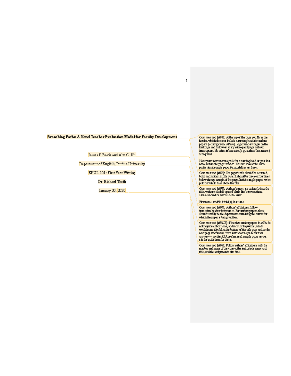 Introduction to English (201) APA Title Page Format Style Dates, Name ...