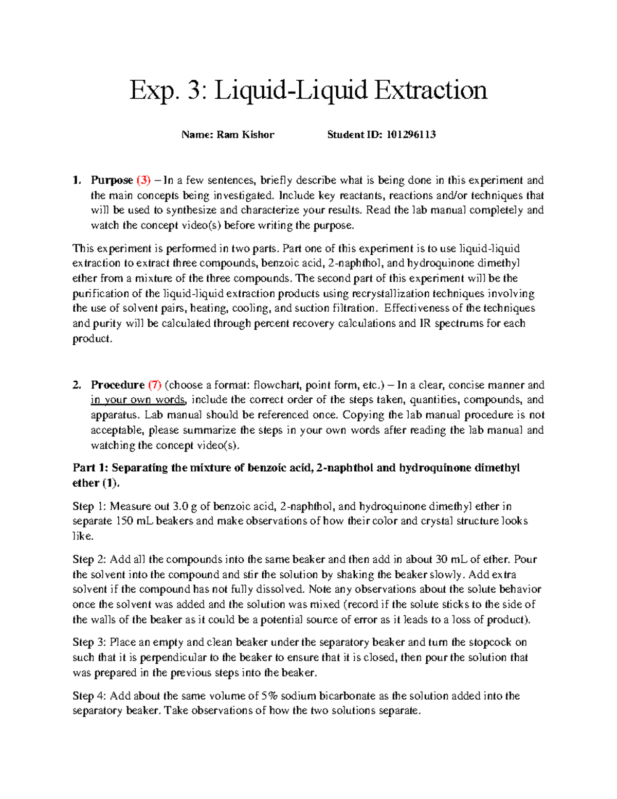 101296113 Prelab 3 - Exp. 3: Liquid-Liquid Extraction Name: Ram Kishor Student ID: 101296113 ...