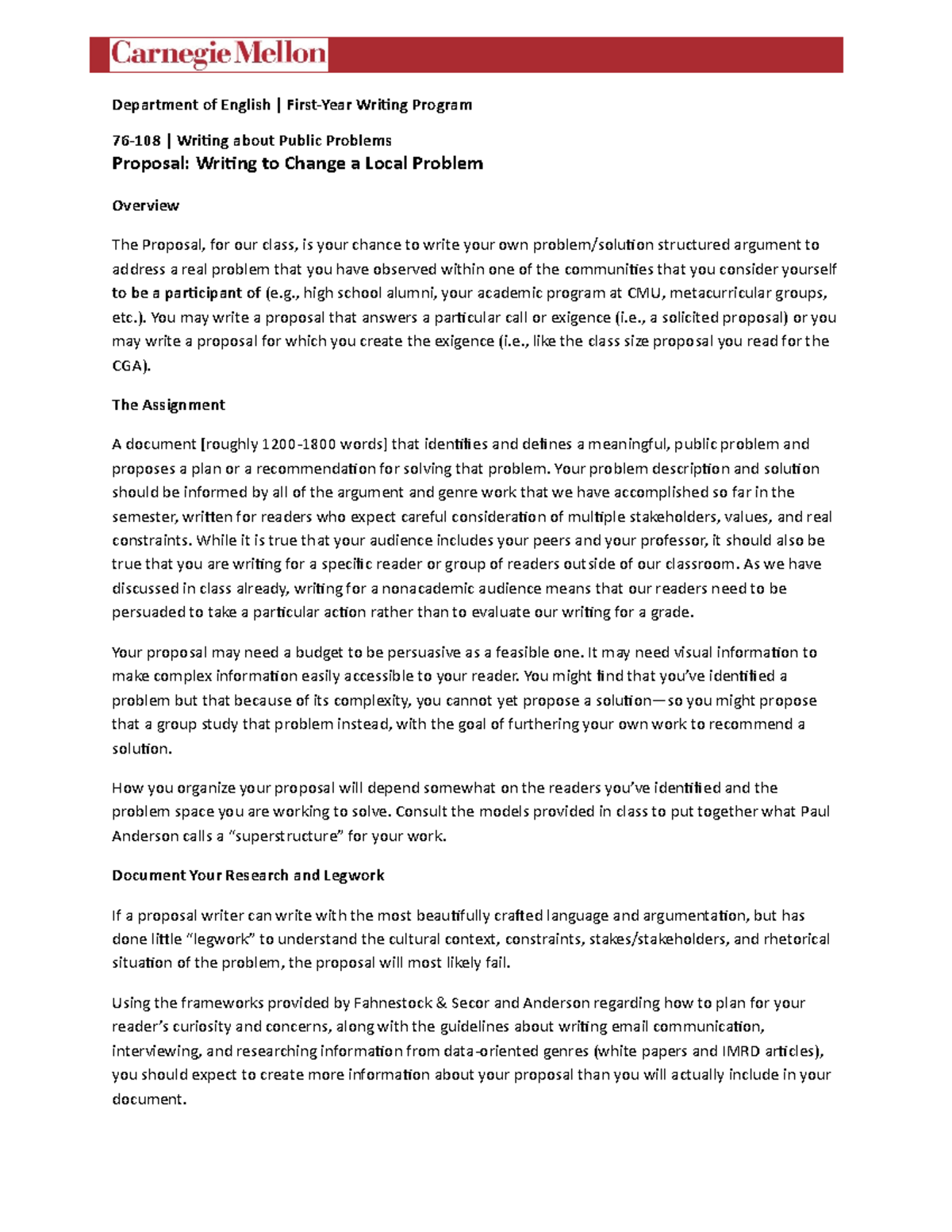 Proposal Assignment Sheet - Department of English | First-Year Writing ...