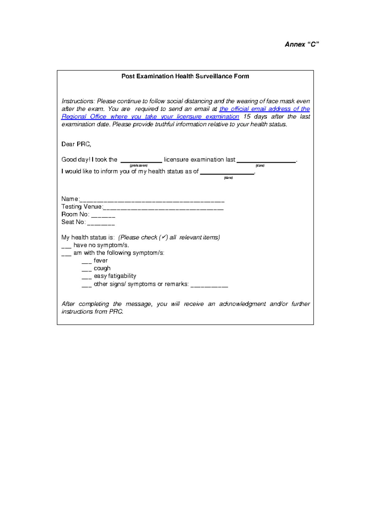 Annex C - important - Annex “C” Post Examination Health Surveillance ...