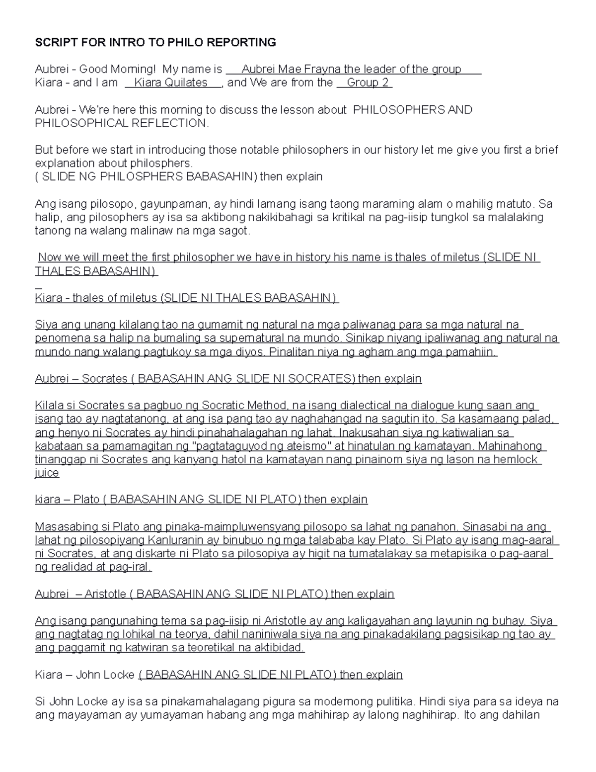 Script - student - SCRIPT FOR INTRO TO PHILO REPORTING Aubrei - Good ...