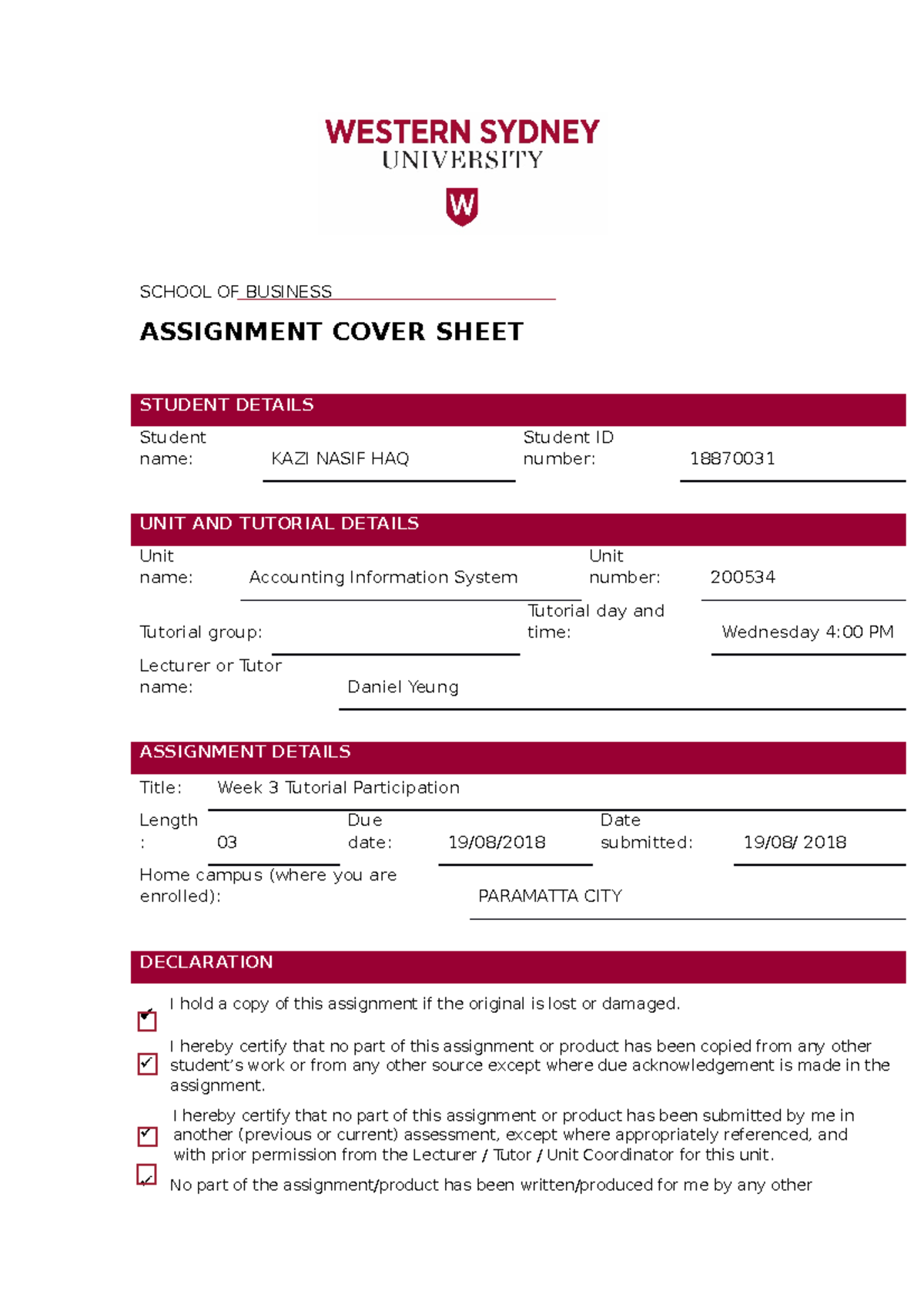 Week 3 - Tutorial notes - SCHOOL OF BUSINESS ASSIGNMENT COVER SHEET ...
