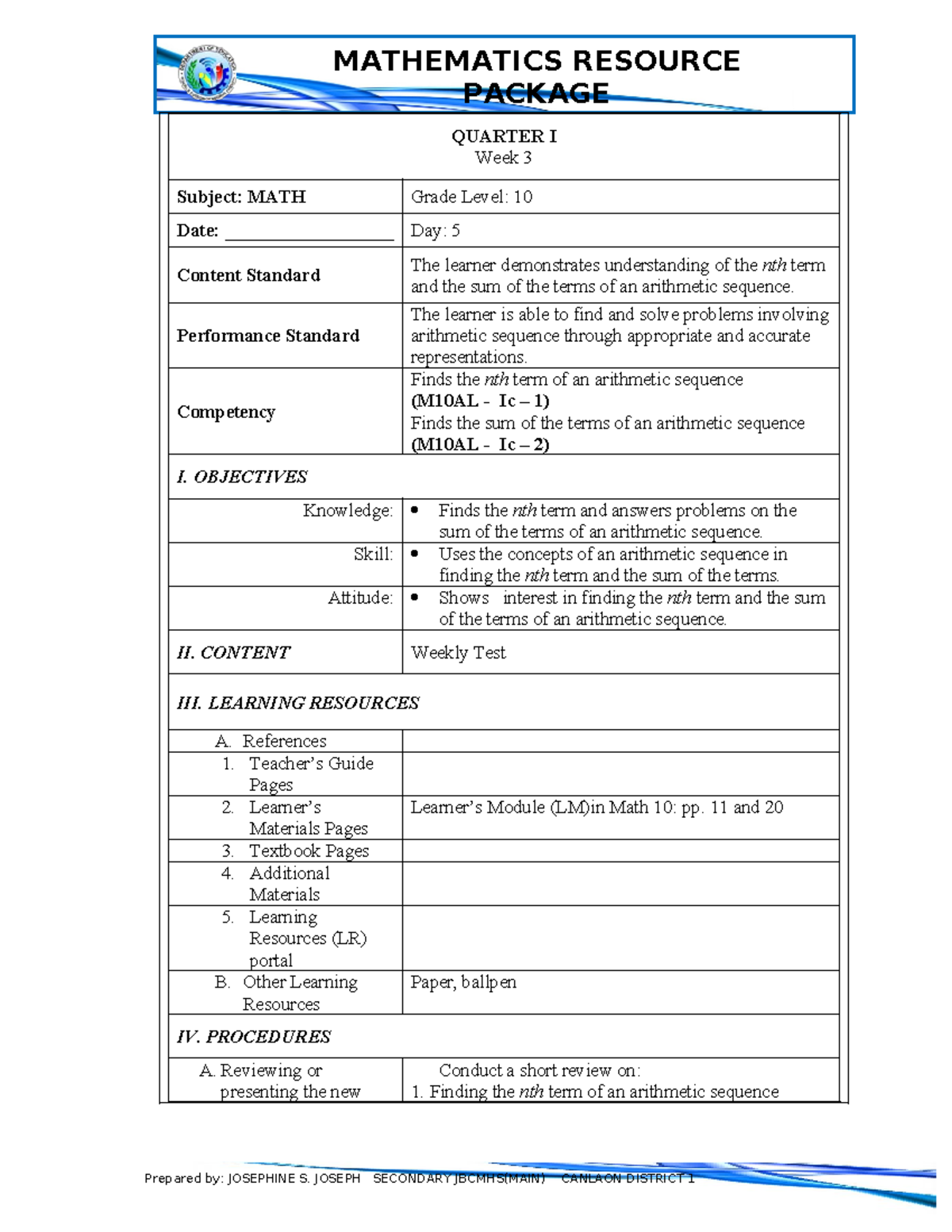 Dlldlp WITH w3 Worksheet-day 5 - PACKAGE QUARTER I Week 3 Subject: MATH ...