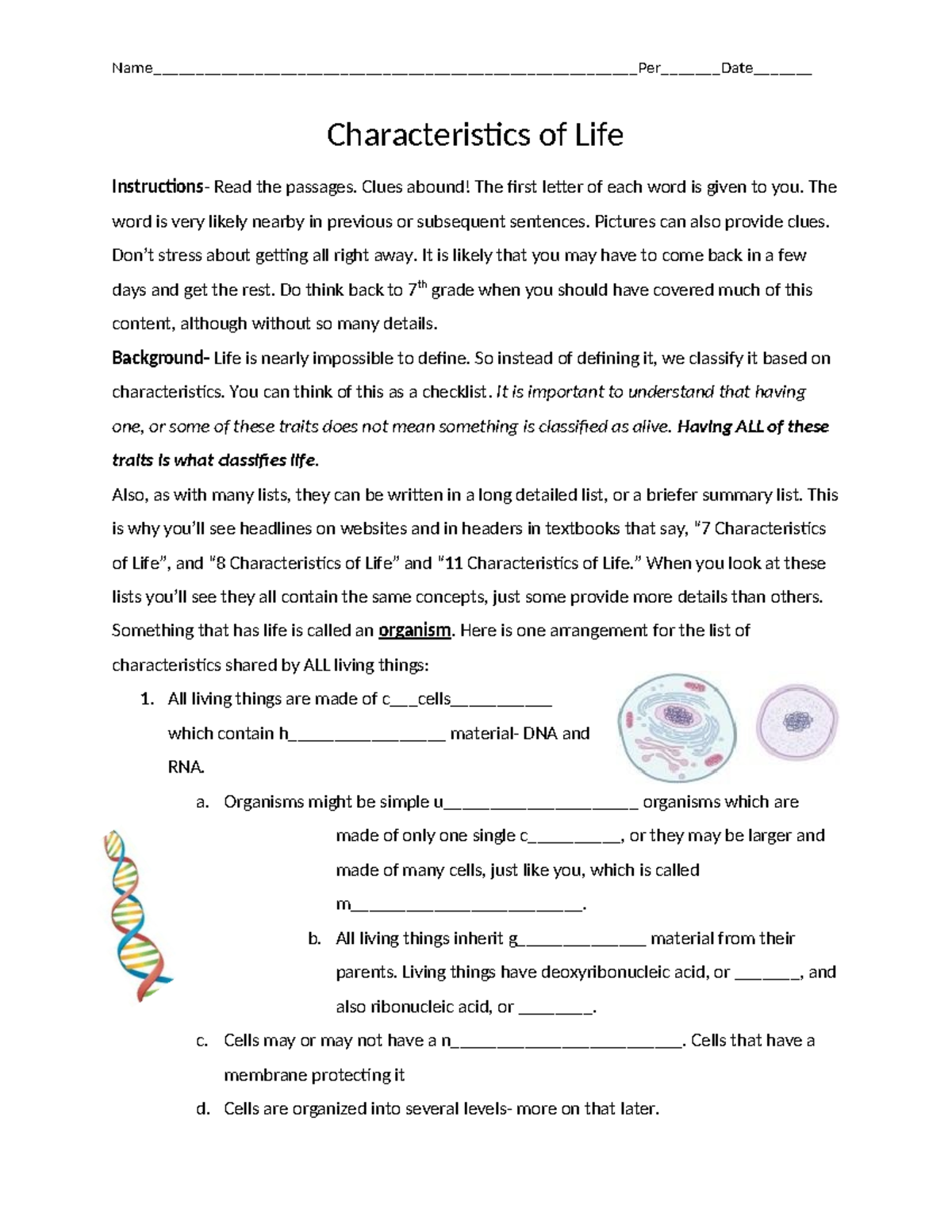Copy of Characteristics of Life Honors - Characteristics of Life ...
