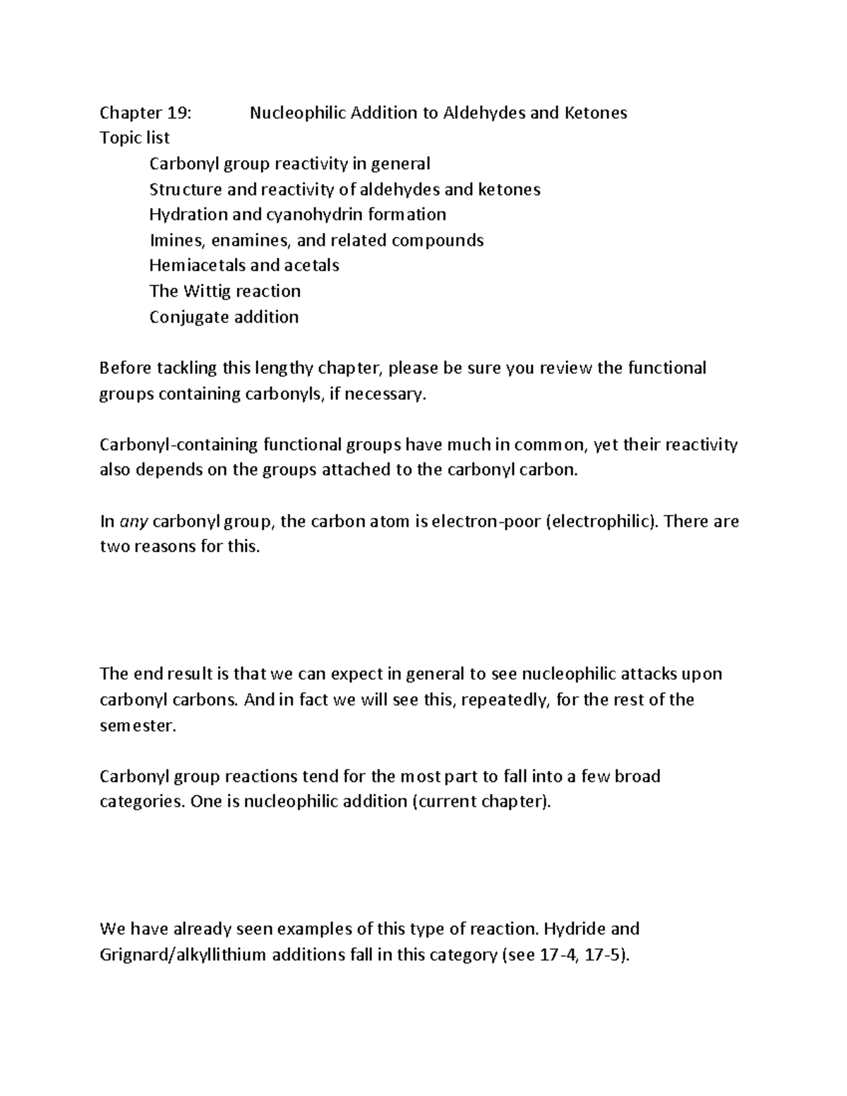 Class notes Chap 19 - ochem 2 - Chapter 19 : Nucleophilic Addition to ...