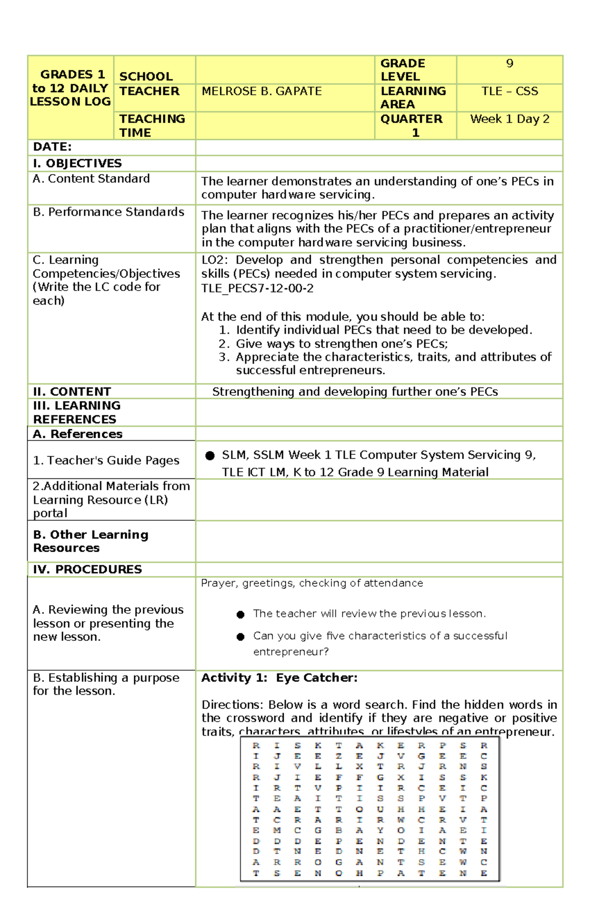 Gapate CSS9 Q1 Week1 Day2 - GRADES 1 to 12 DAILY LESSON LOG SCHOOL ...