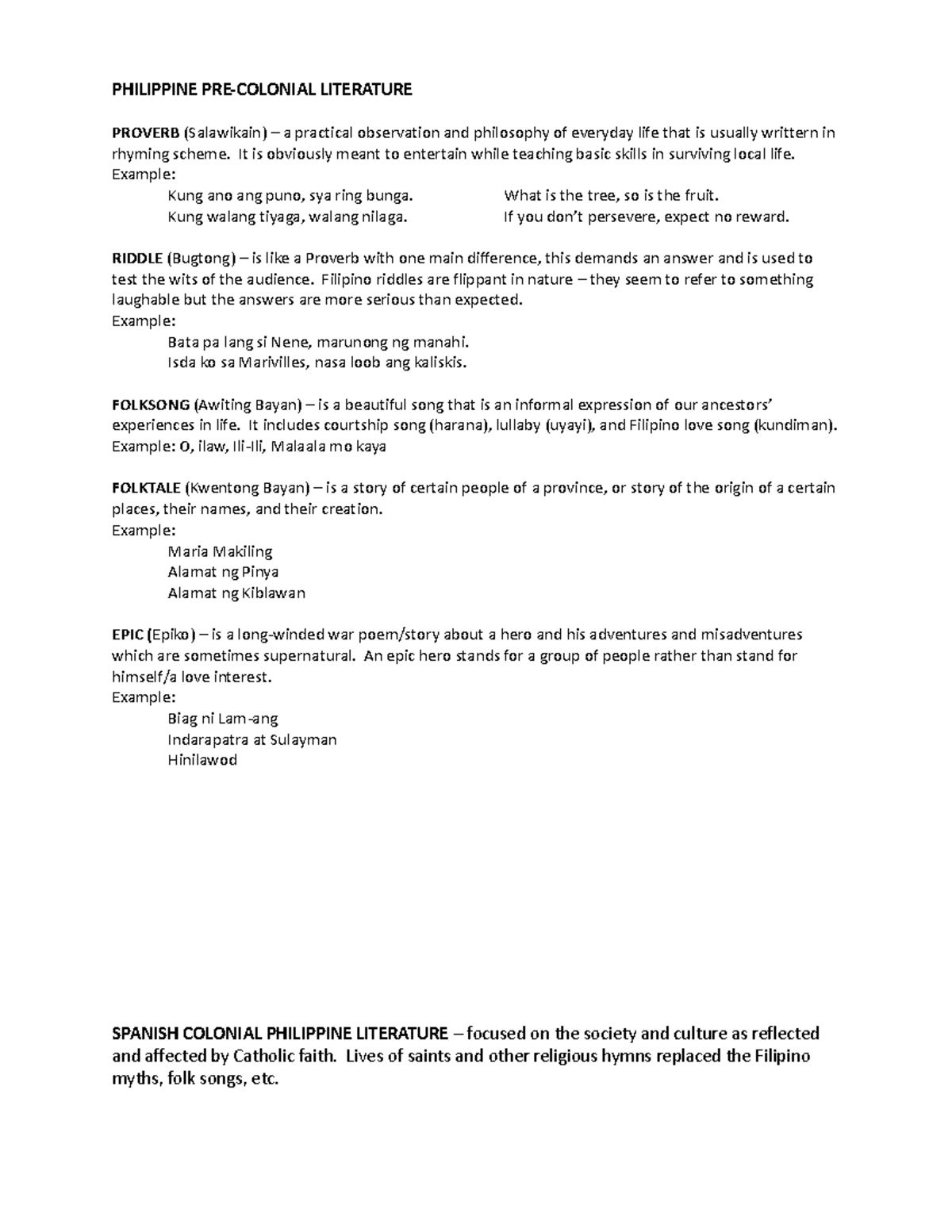 Pre Colonial - Notes - PHILIPPINE PRE-COLONIAL LITERATURE PROVERB ...