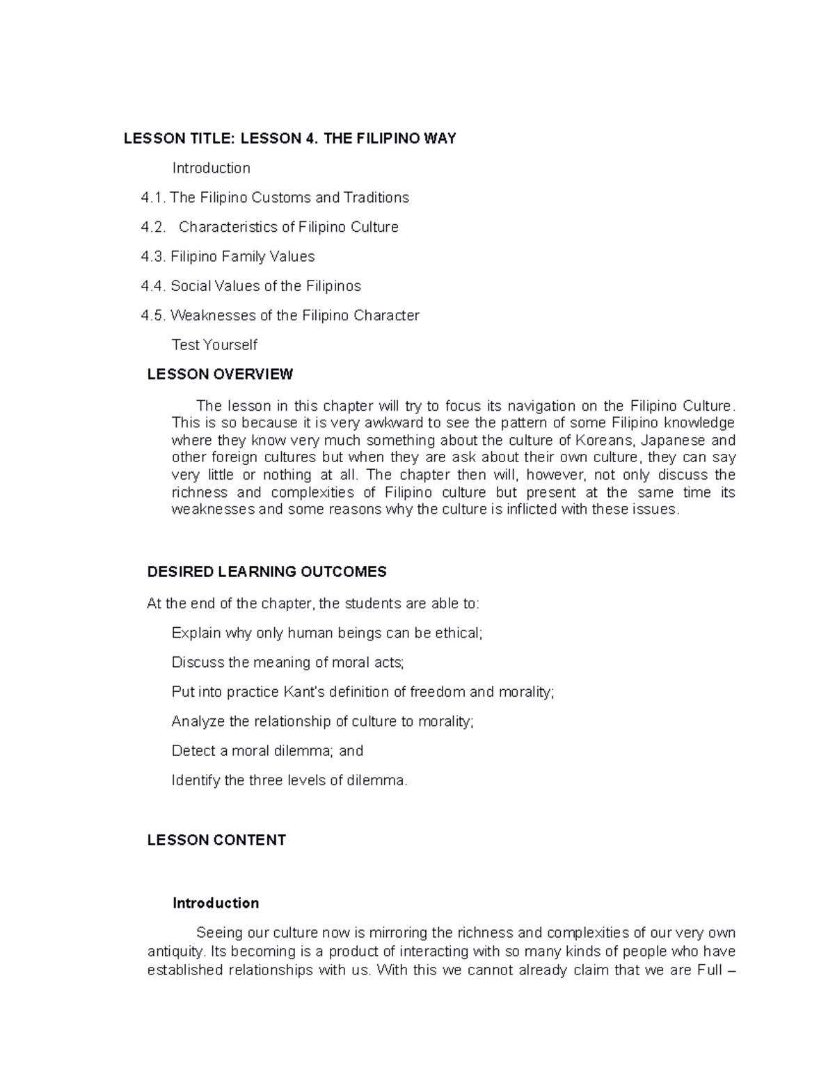 Ethics Chapter 2 Lesson 4 - LESSON TITLE: LESSON 4. THE FILIPINO WAY ...