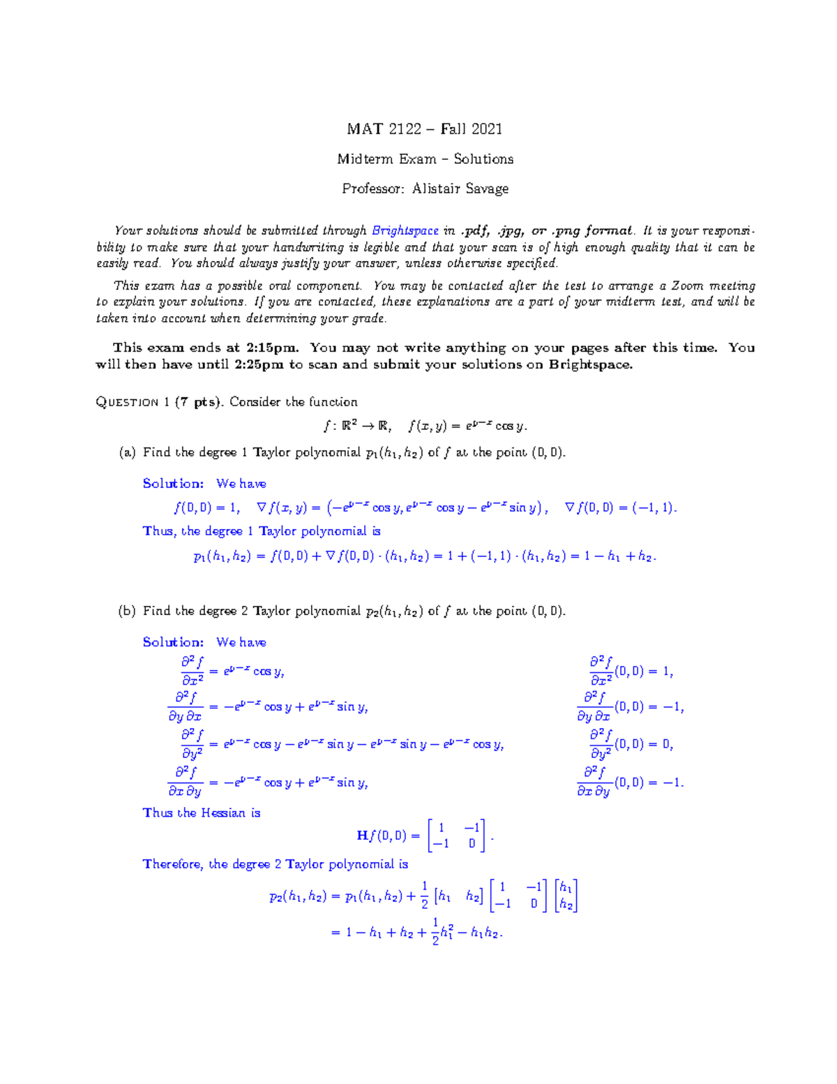 Mat2122 2021F midterm solutions - MAT 2122 – Fall 2021 Midterm Exam – Solutions Professor ...