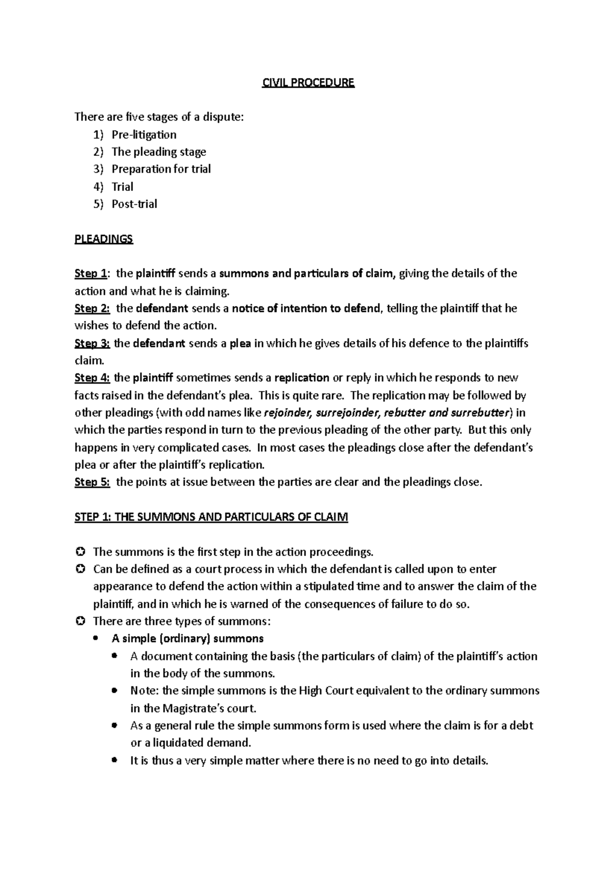 Civil Procedure Notes - CIVIL PROCEDURE There are five stages of a ...