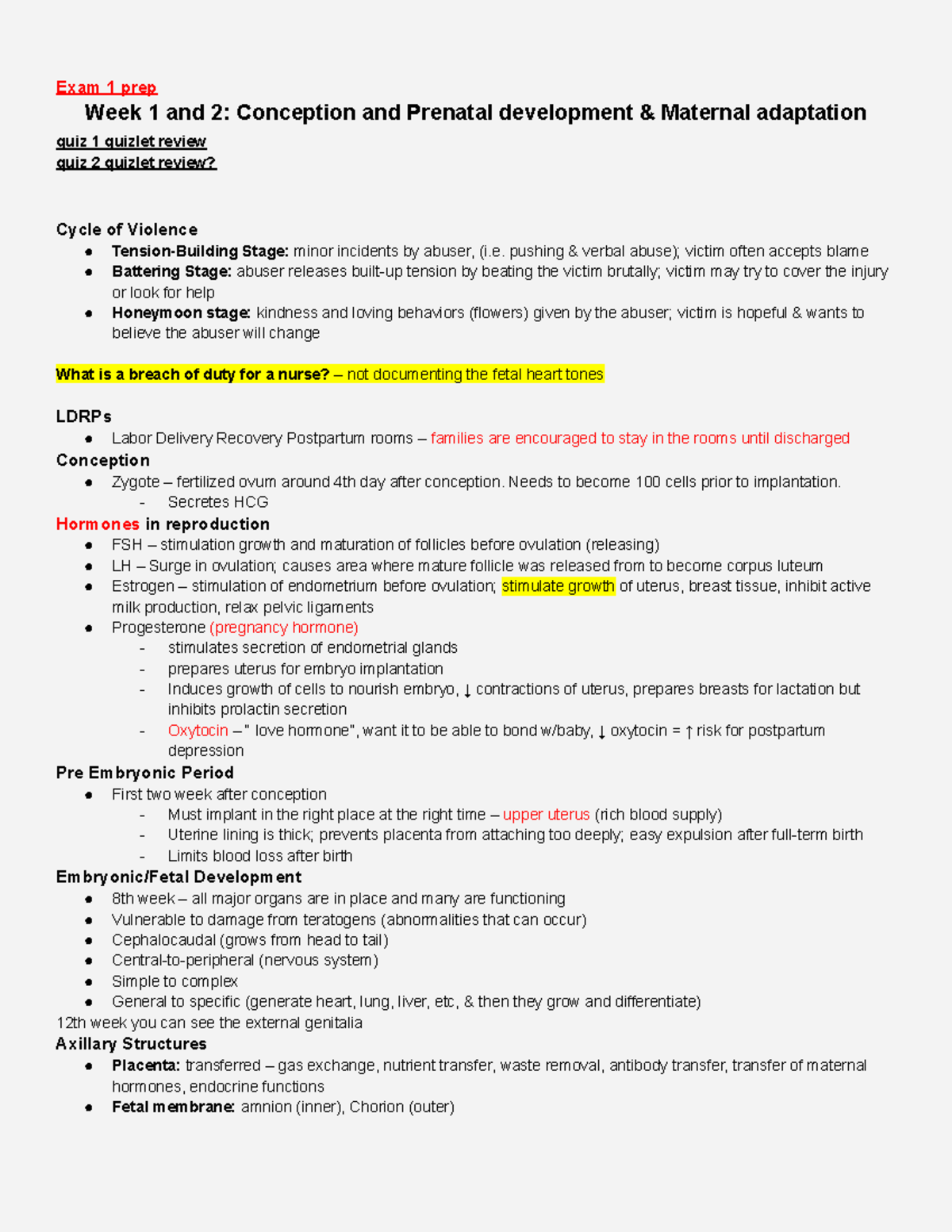 First exam notes - for exam - Exam 1 prep Week 1 and 2: Conception and ...