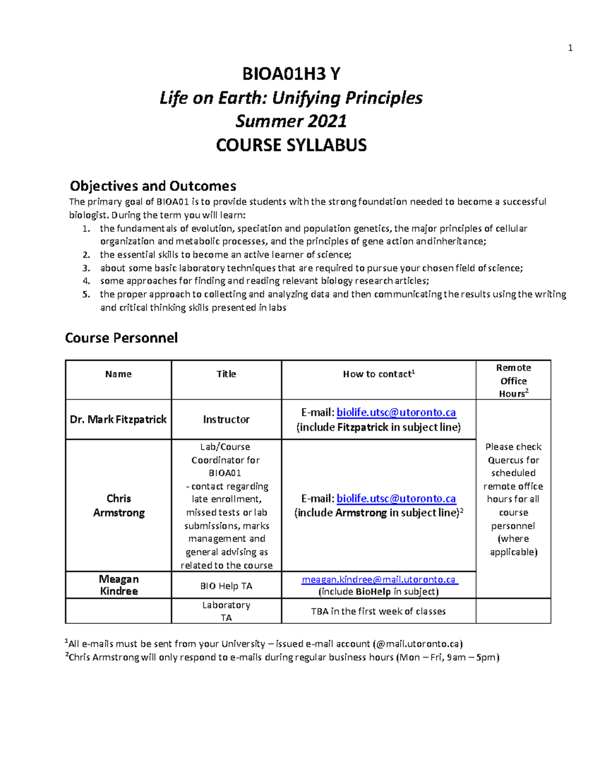 BIO A01 Y2021 Syllabus - BIOA01H3 Y Life on Earth: Unifying Principles ...