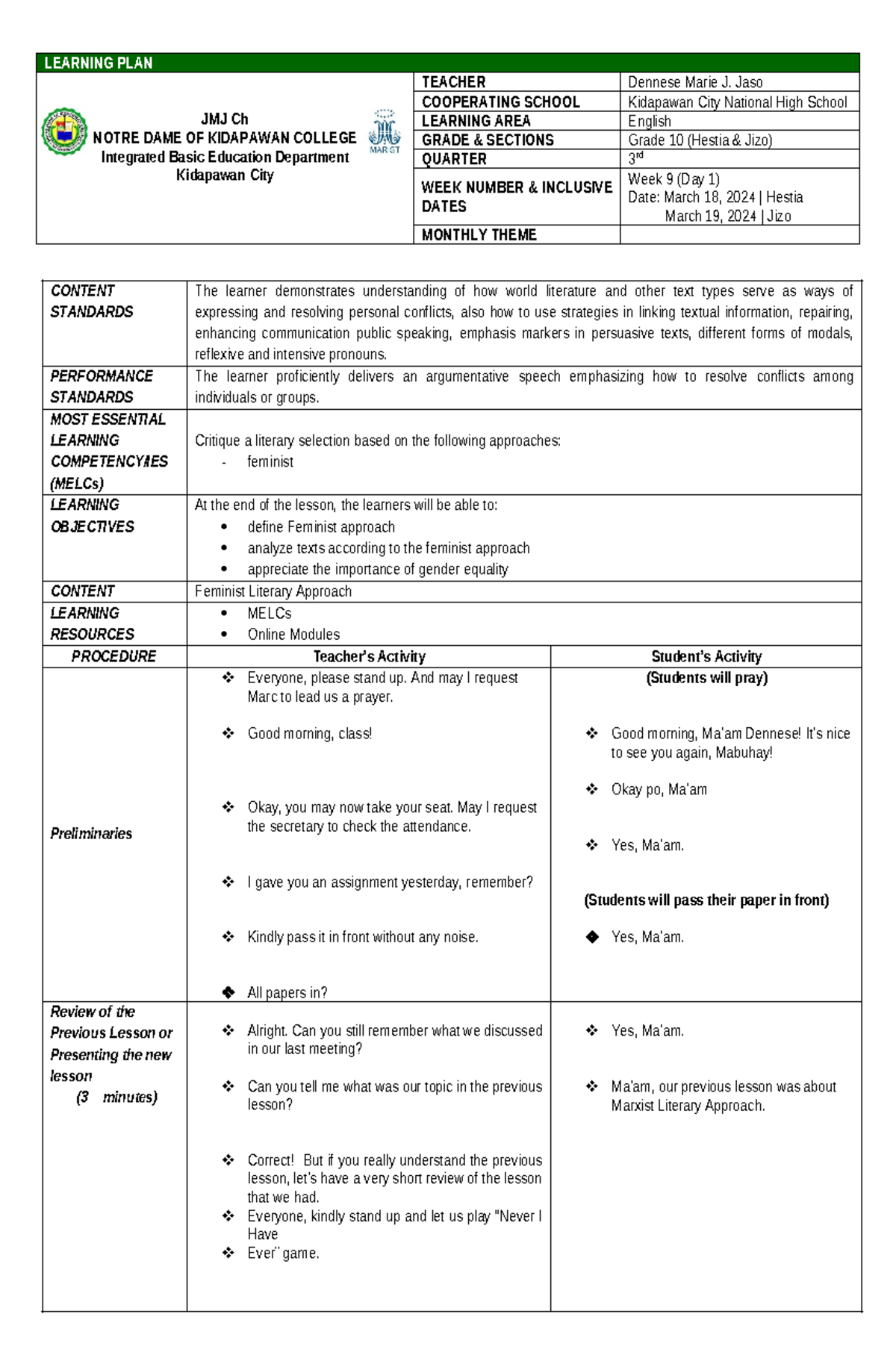 Feminist approach-lesson plan - LEARNING PLAN JMJ Ch NOTRE DAME OF ...