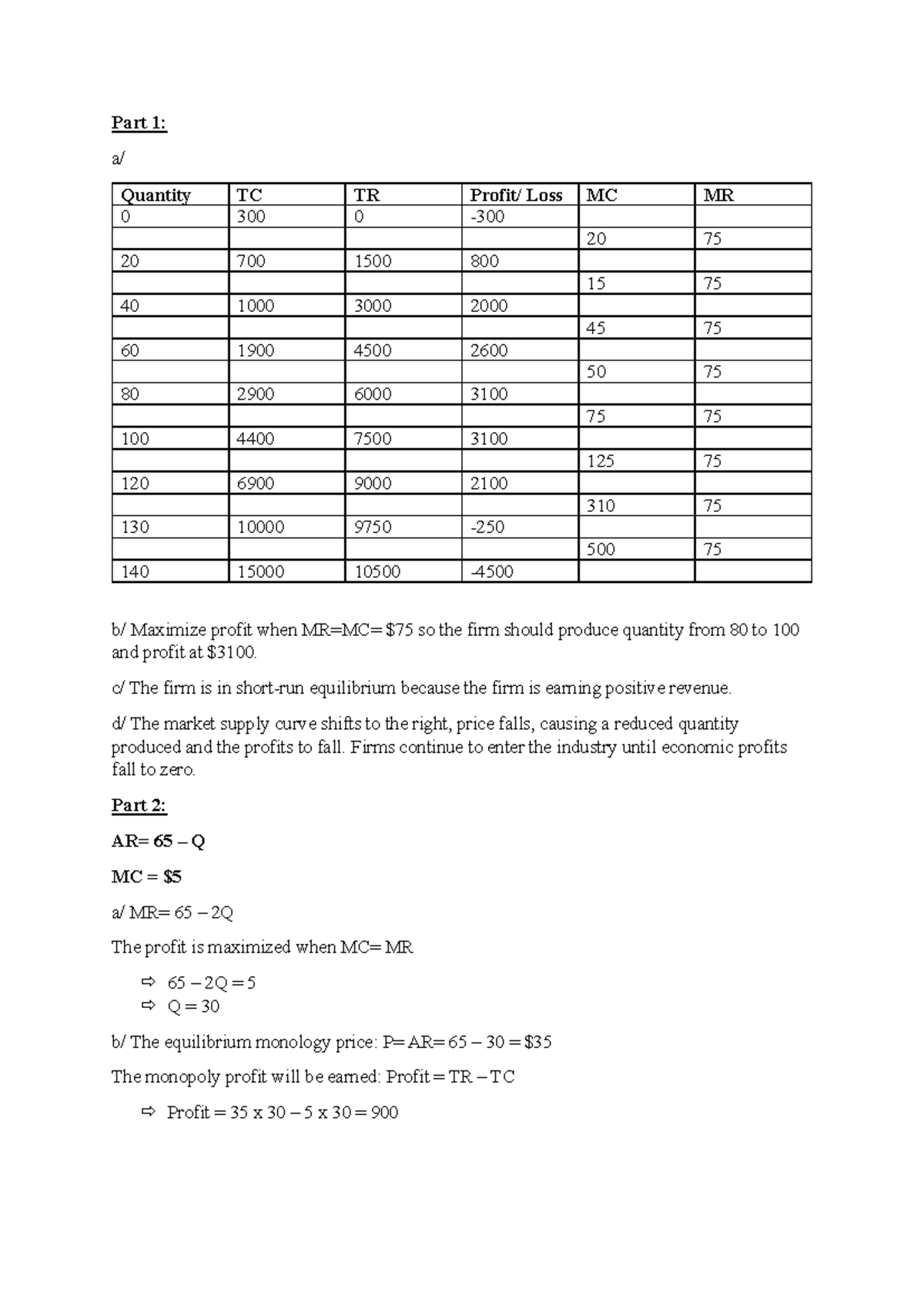 Asign 2 - Part 1: a/ Quantity TC TR Profit/ Loss MC MR 0 300 0 - 300 20 ...