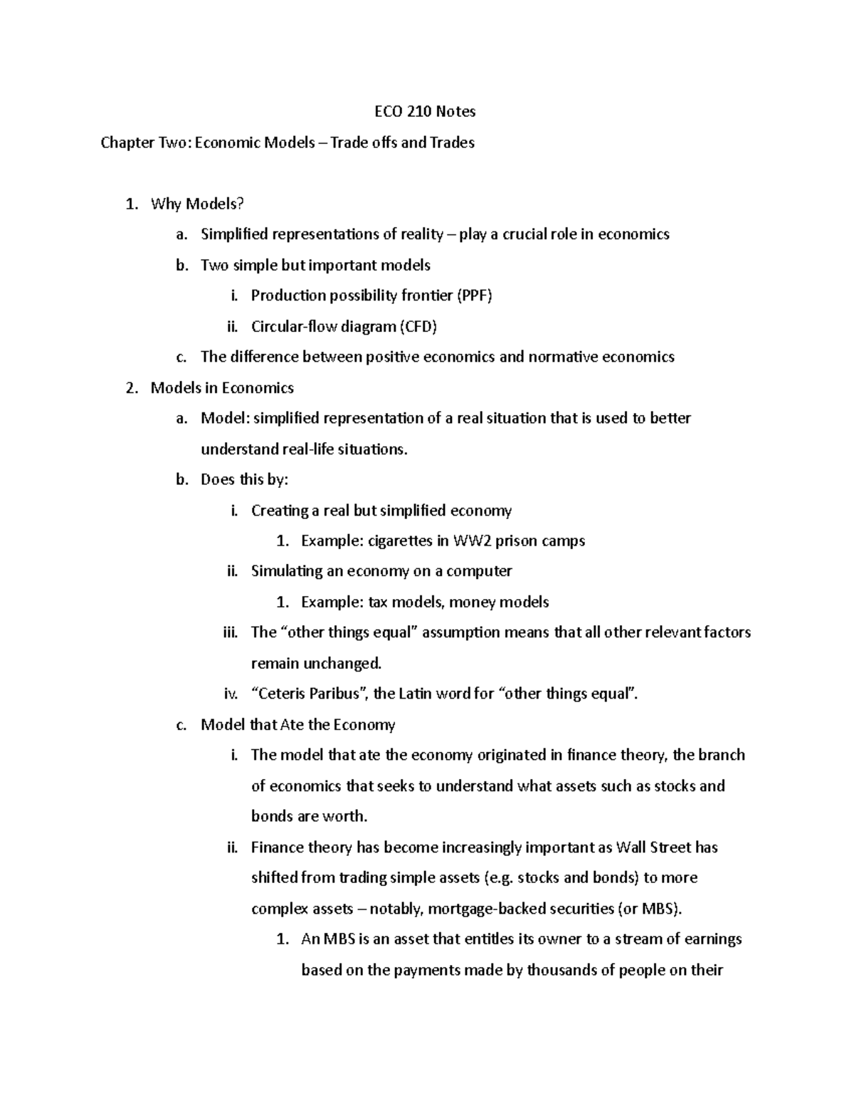 ECO 210 Notes ch 2 - ECO 210 Notes Chapter Two: Economic Models – Trade ...