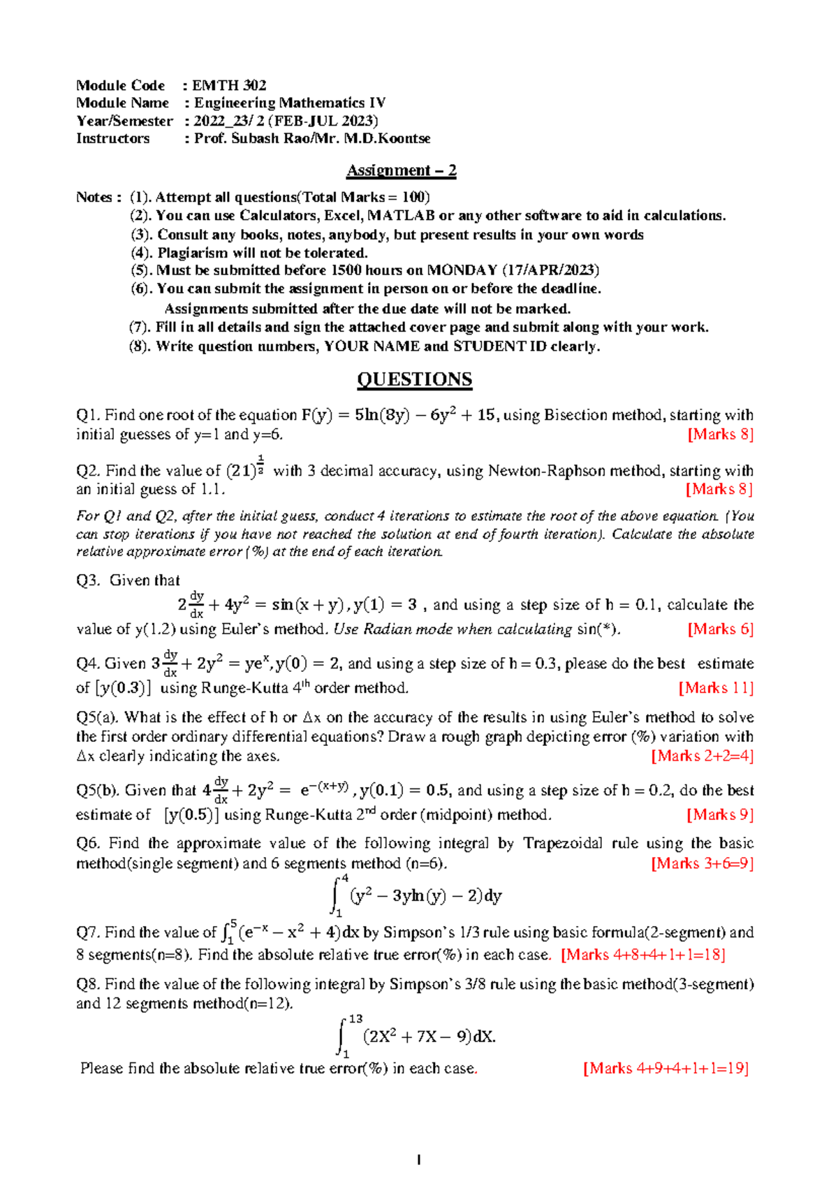 EMTH 302-Assignment 2 - Rel 04APR2023 Due 17APR2023 - 1 Module Code : EMTH 302 Module Name ...