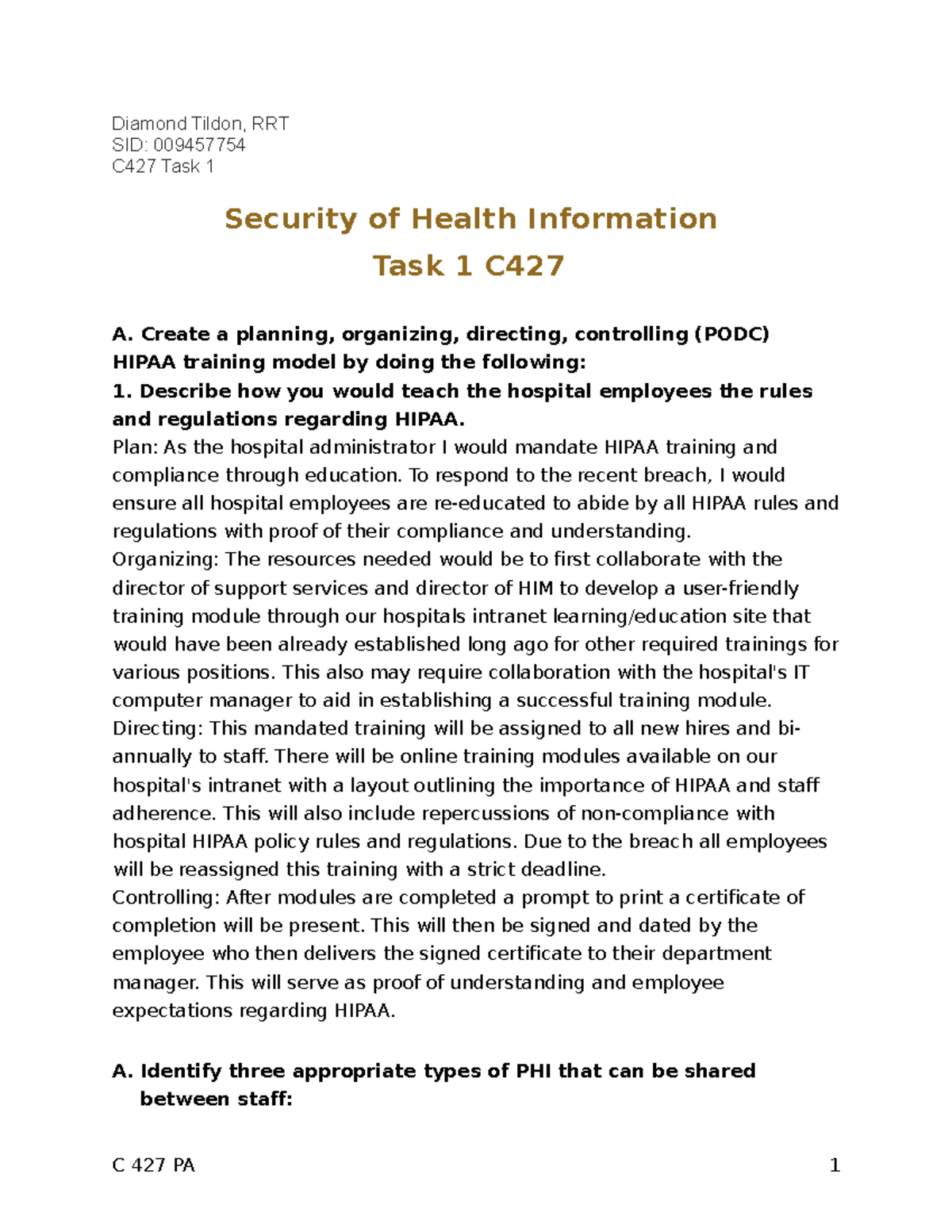 C427 Performance Assessment - Diamond Tildon, RRT SID: 009457754 C427 ...