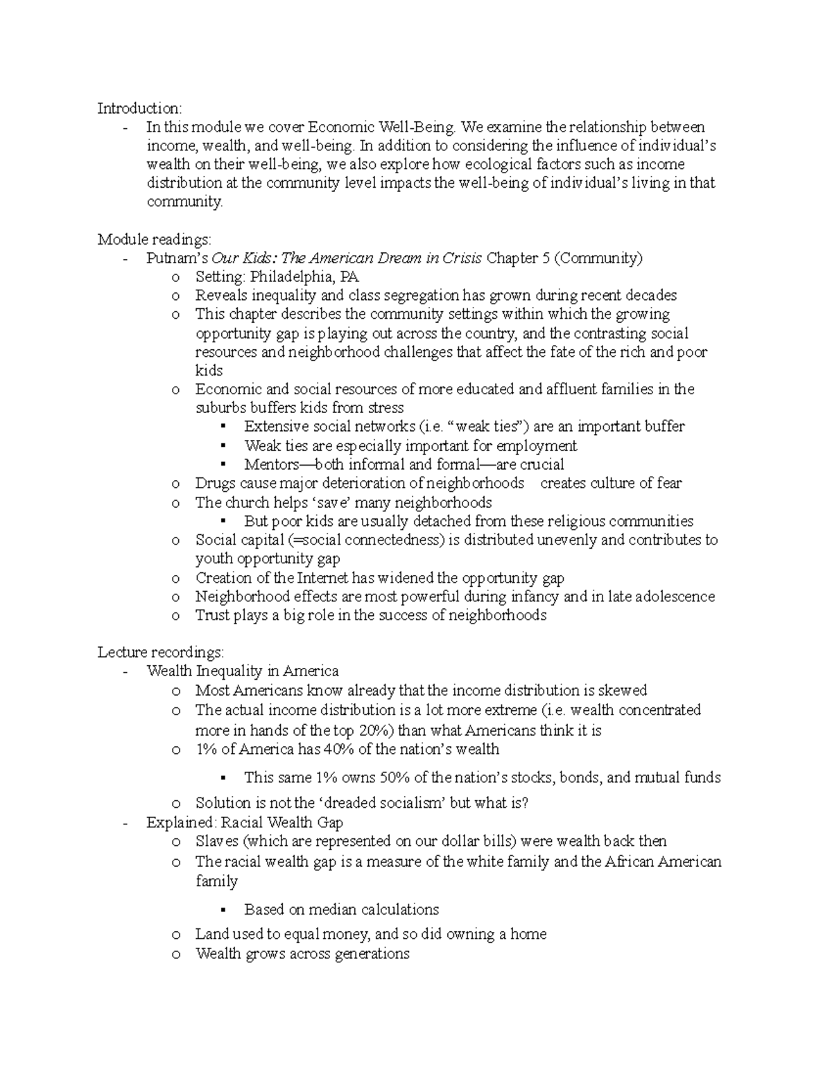 Module 10 notes - Introduction: - In this module we cover Economic Well ...