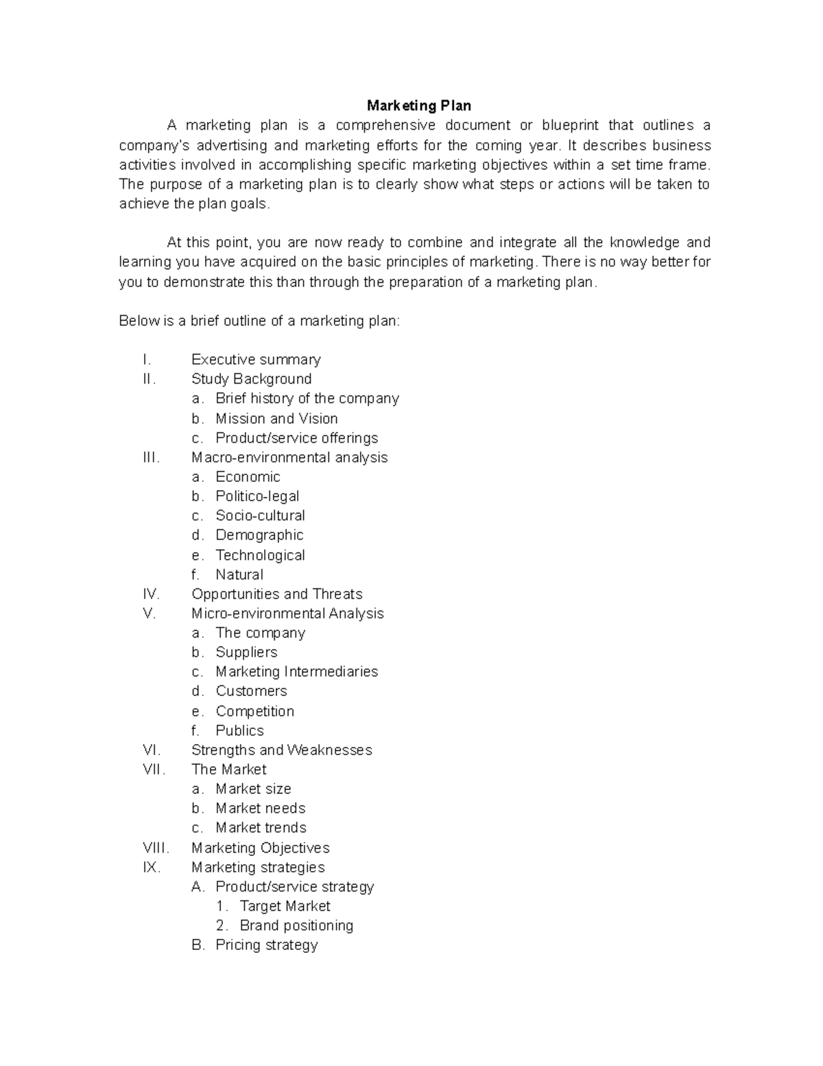 Marketing Plan Format Marketing Plan A Marketing Plan Is A