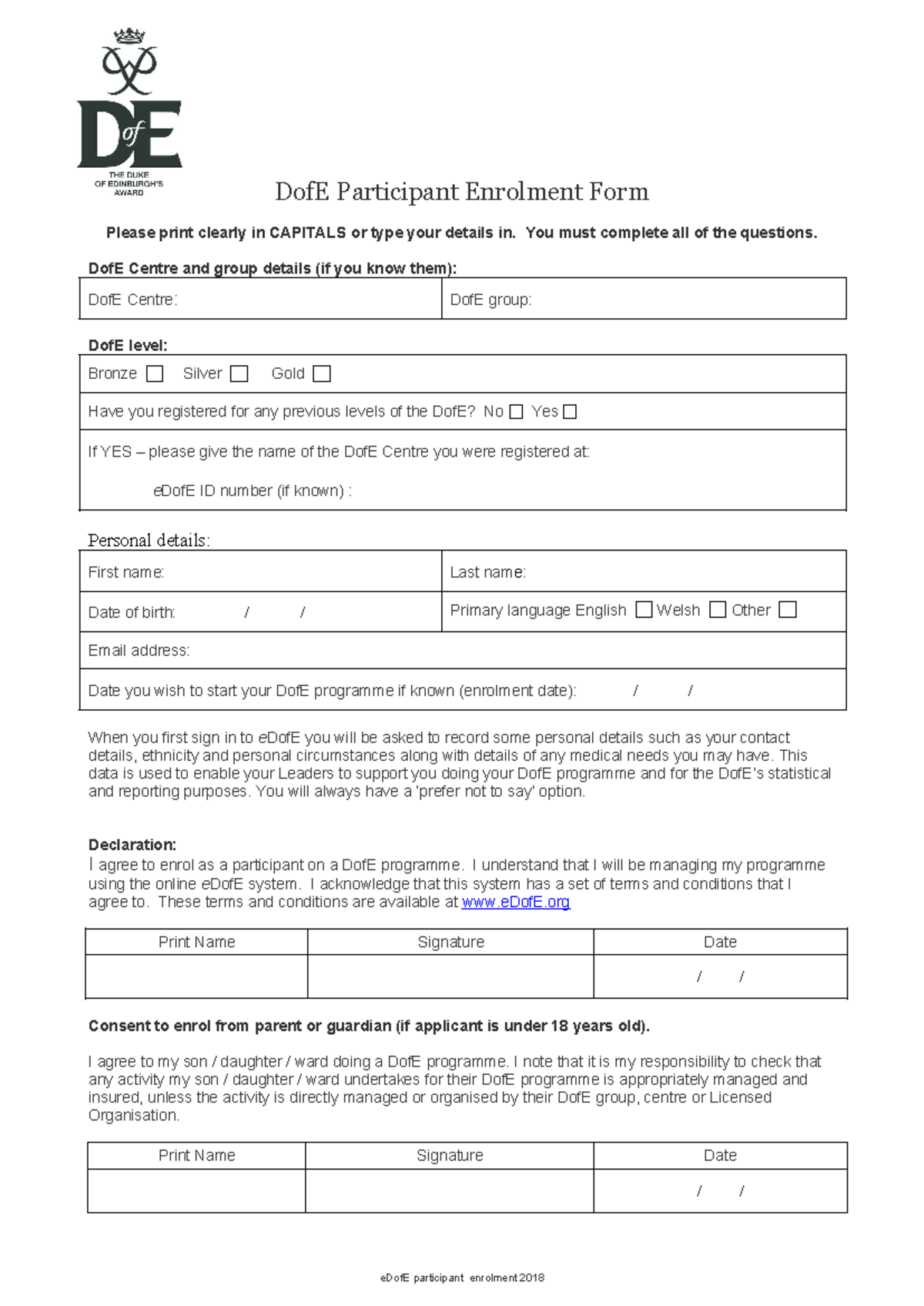 Dof E sample enrolment form participants - DofE Participant Enrolment ...