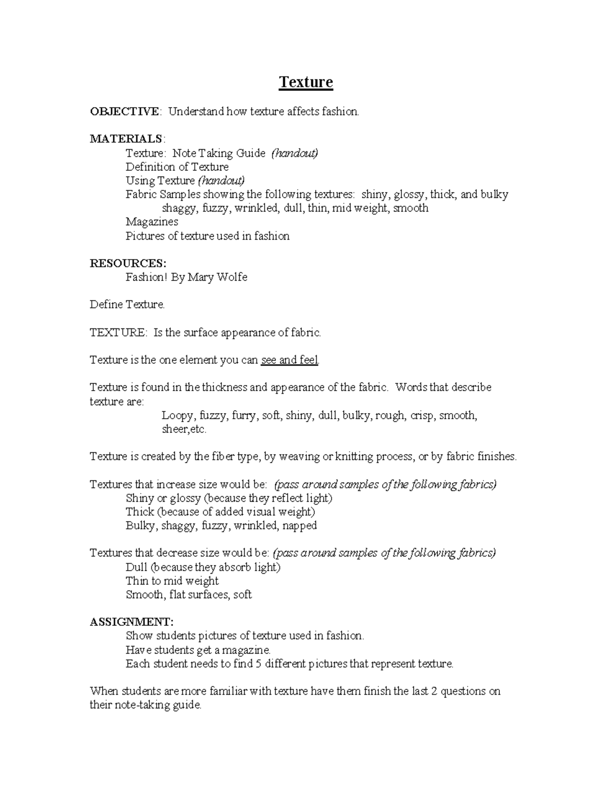 Backup Texture Lesson Plan - Texture OBJECTIVE: Understand how texture ...