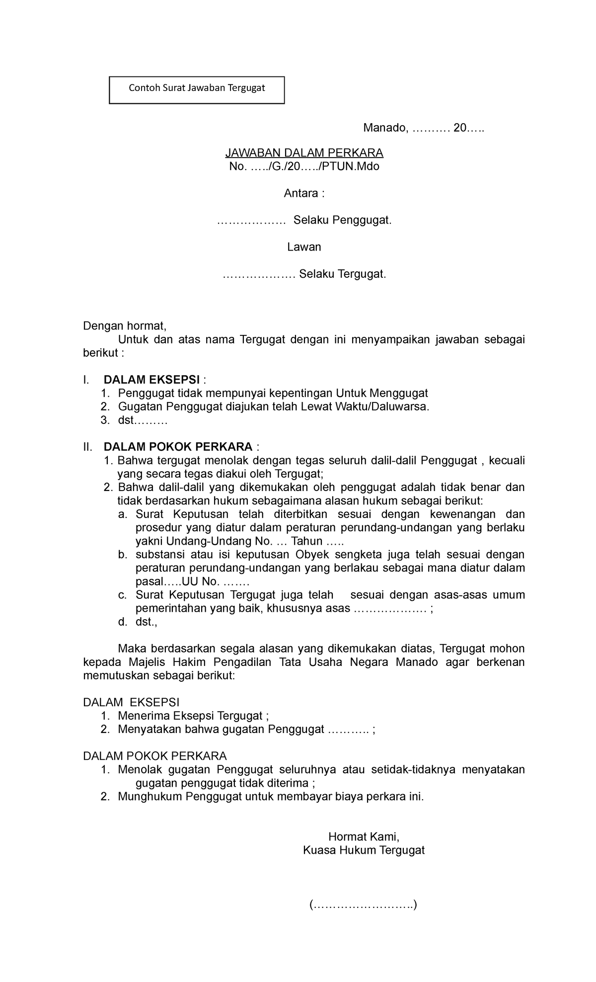 Contoh Surat Jawaban Tergugat - Manado, .......... 20..... JAWABAN ...