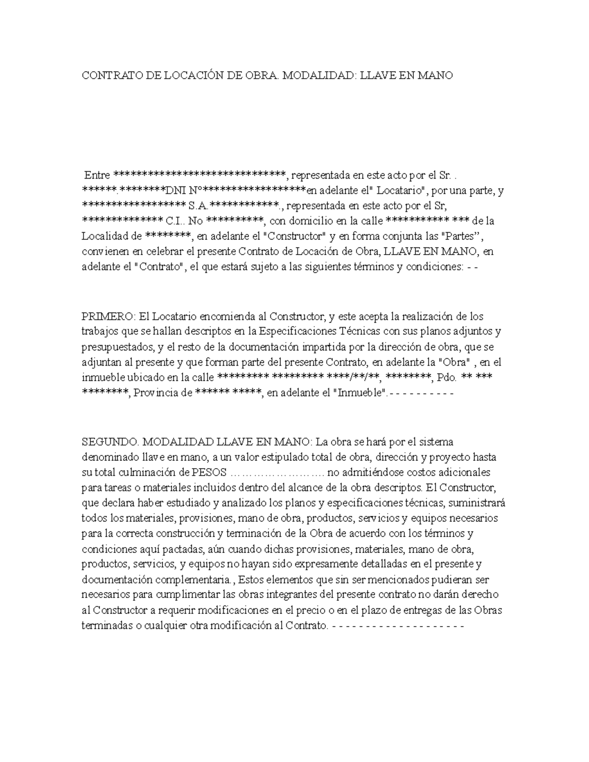 Contrato locación de obra llave en mano - CONTRATO DE LOCACIÓN DE OBRA. MODALIDAD: LLAVE EN MANO ...