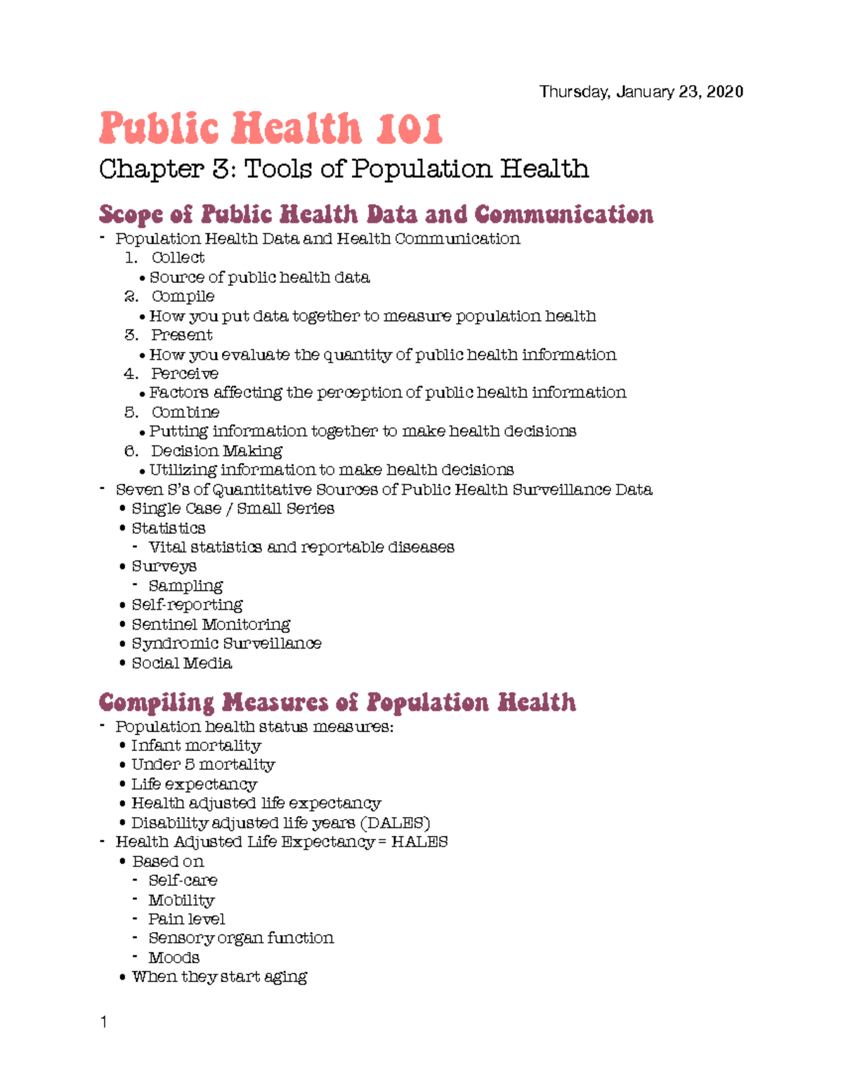 Public Health 101 Notes - Thursday, January 23, 2020 Public Health 101 ...