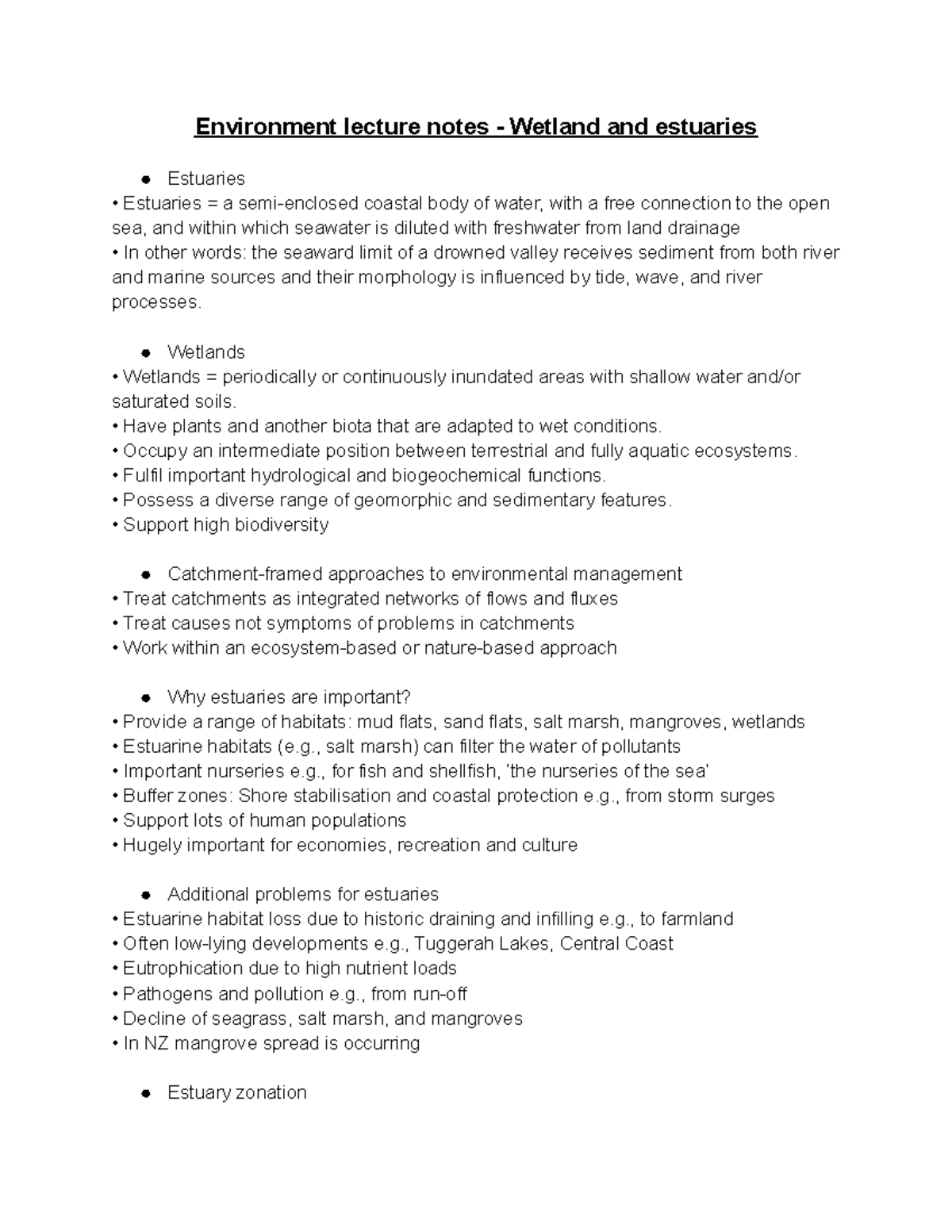 Environment lecture notes - Wetland and estuaries - Wetlands Wetlands ...