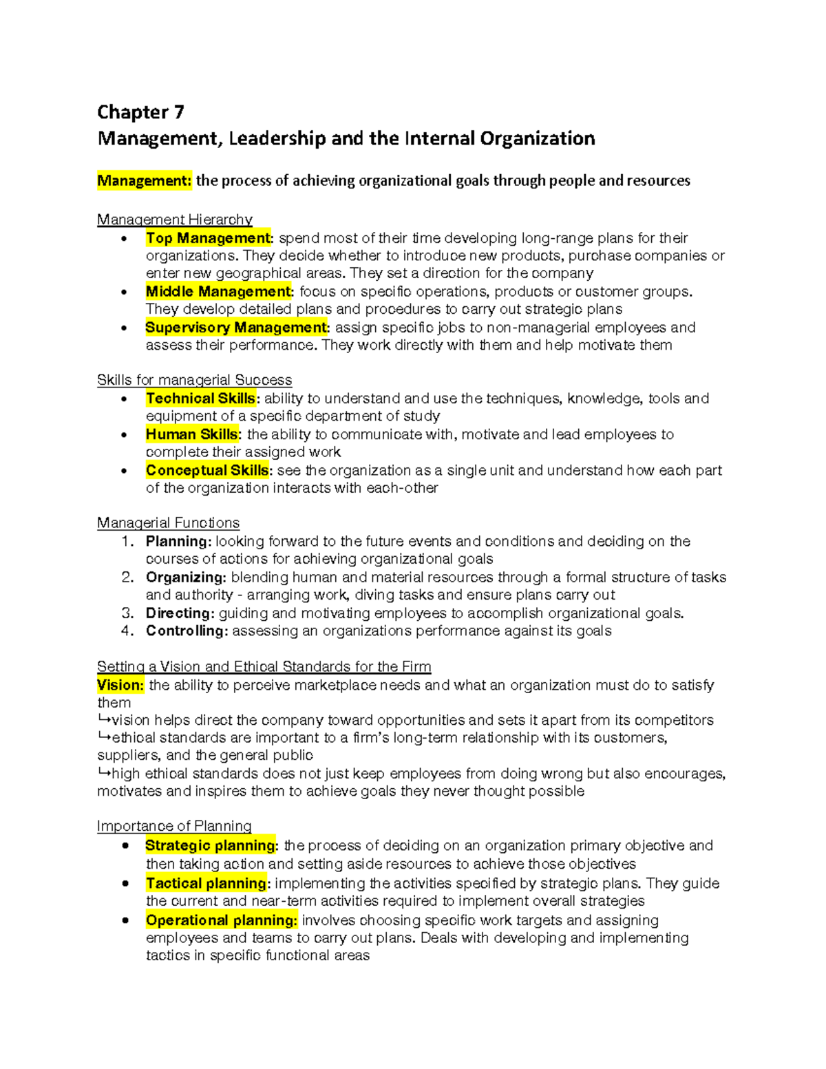 Chapter 7 - Notes - Chapter 7 Management, Leadership and the Internal ...