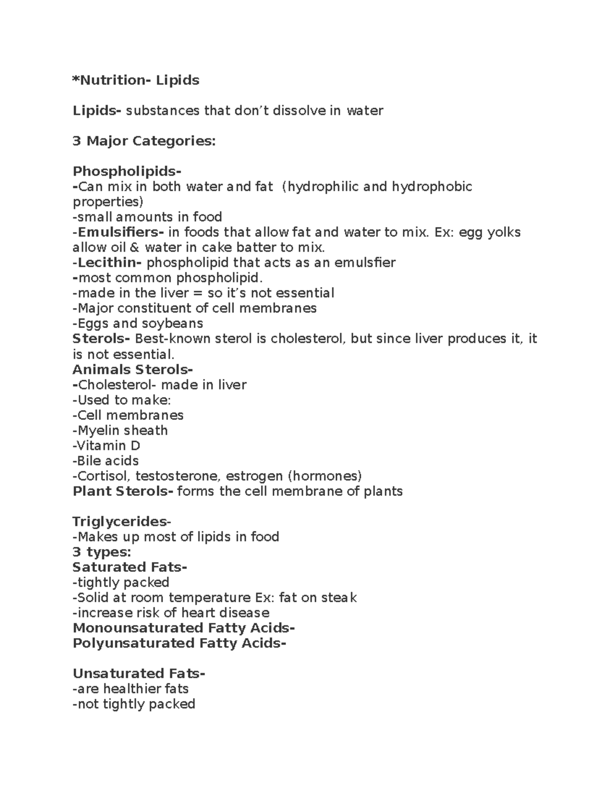 Lipids - Lecture notes 4-7 - *Nutrition- Lipids Lipids- substances that ...