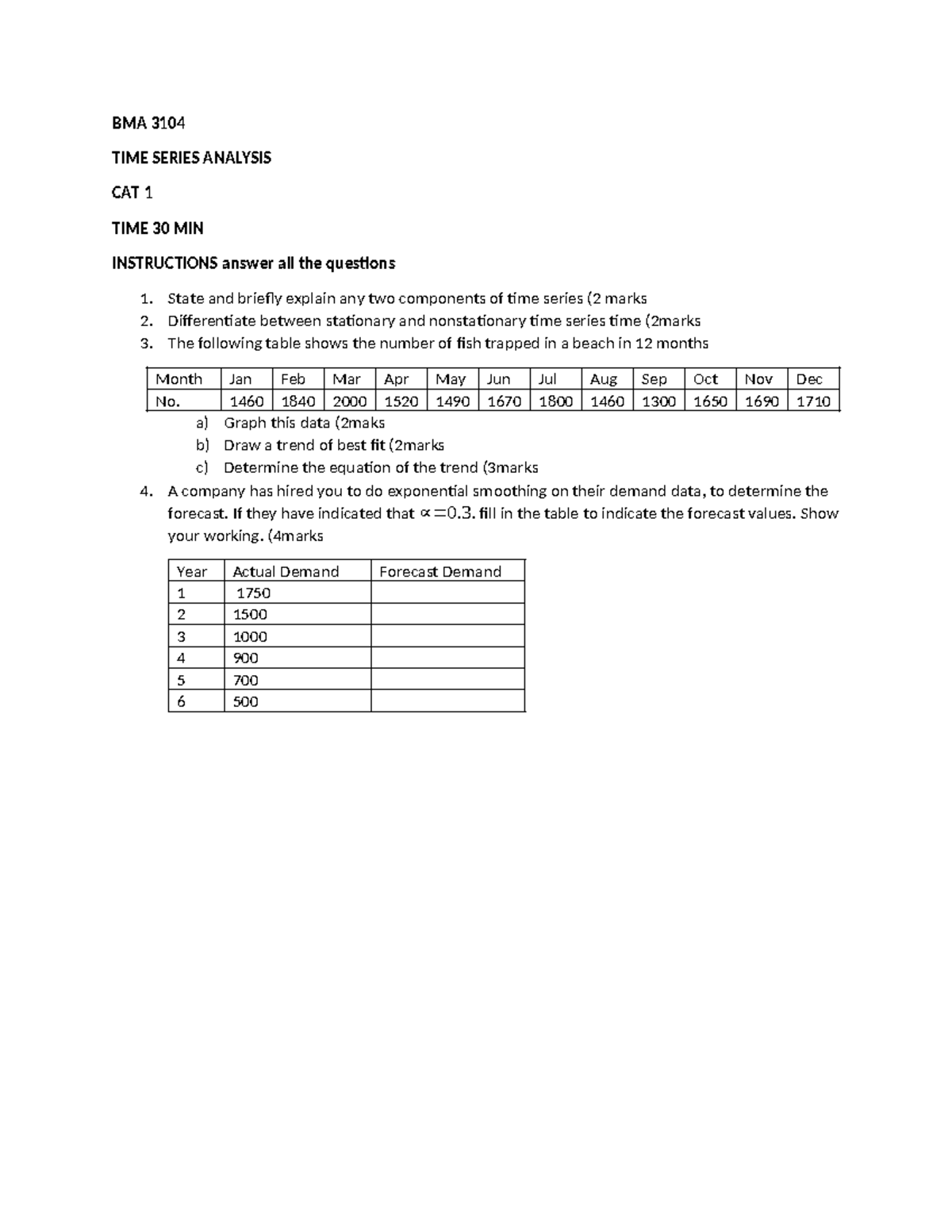 BMA 3104 time series CAT - BMA 3104 TIME SERIES ANALYSIS CAT 1 TIME 30 ...