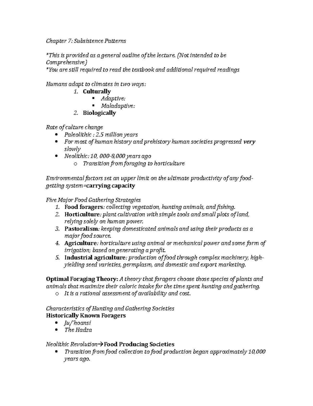 ANTH 2 CH7 outline FA 2018 - Chapter 7: Subsistence Patterns *This is ...