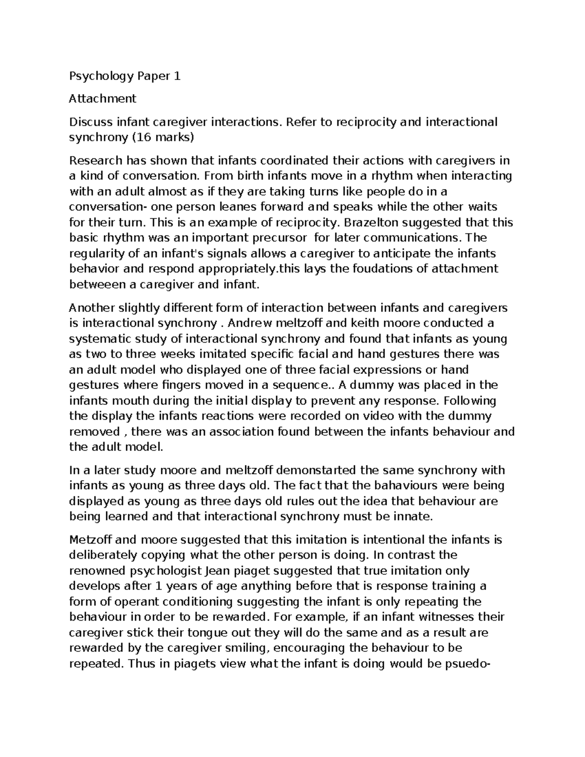 Psychology paper 1 - Psychology Paper 1 Attachment Discuss infant ...