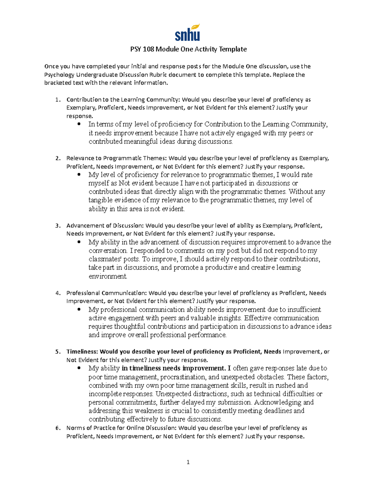 W1 assin - coursework - PSY 108 Module One Activity Template Once you ...