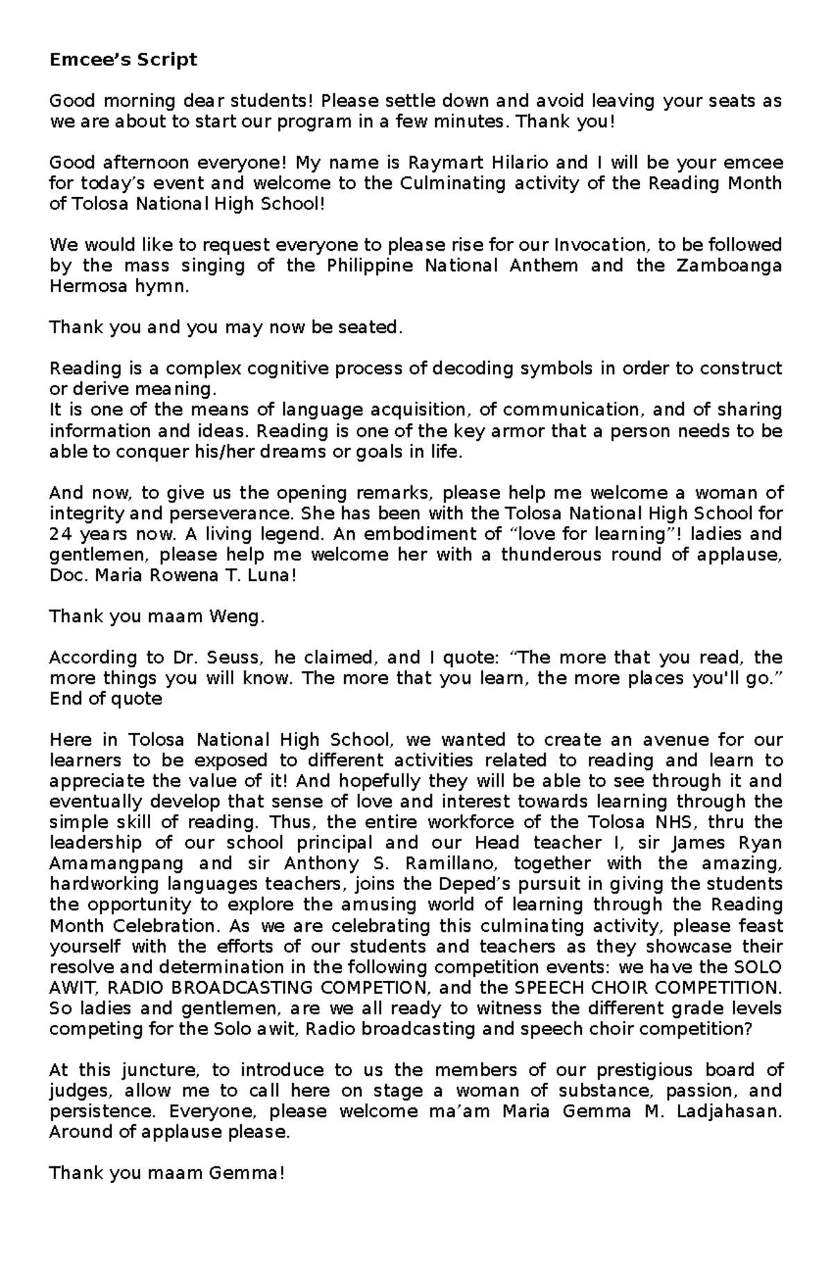 Reading Month 2023 - Emcee’s Script Good morning dear students! Please ...