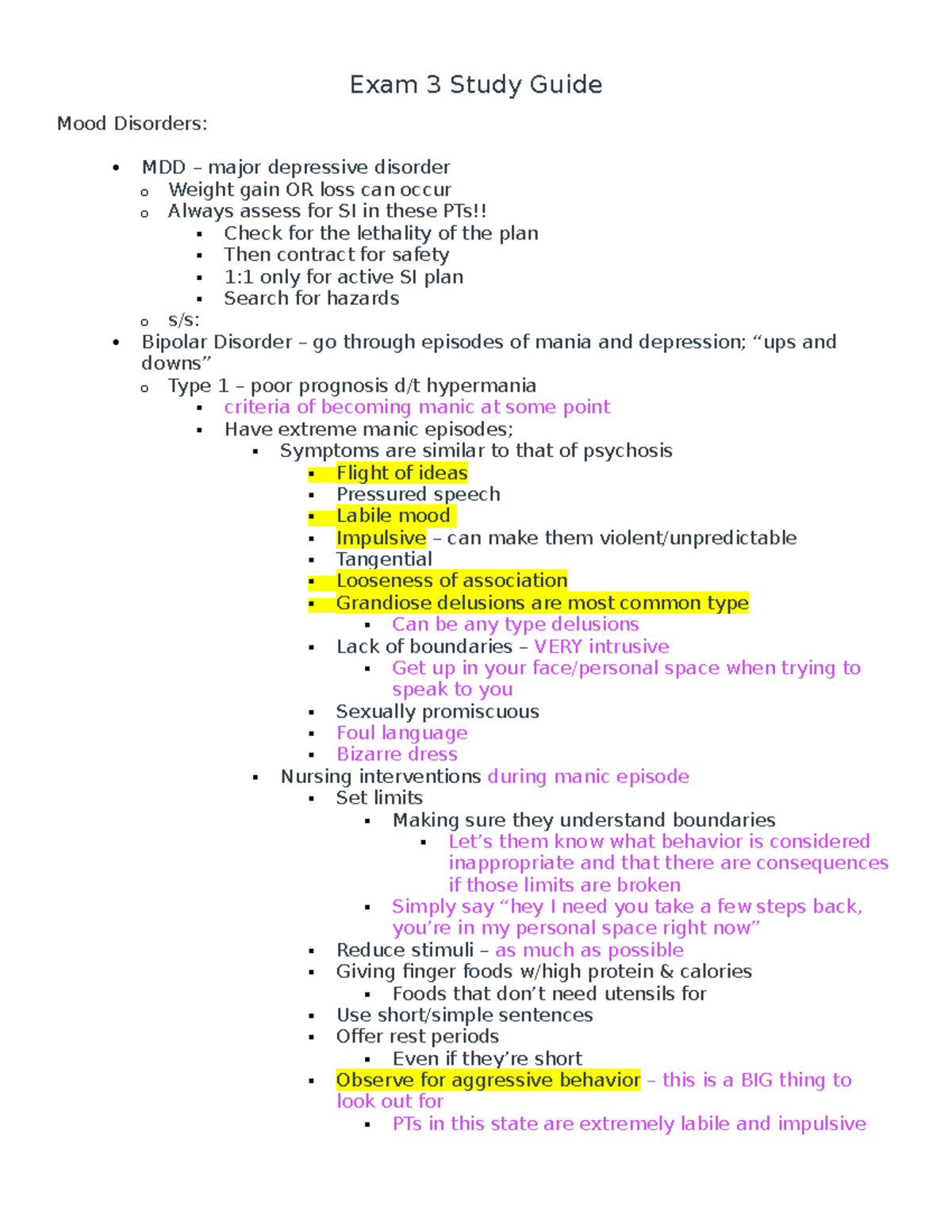 Exam 3 Study Guide - Exam 3 Study Guide Mood Disorders: MDD – major depressive disorder o Weight ...