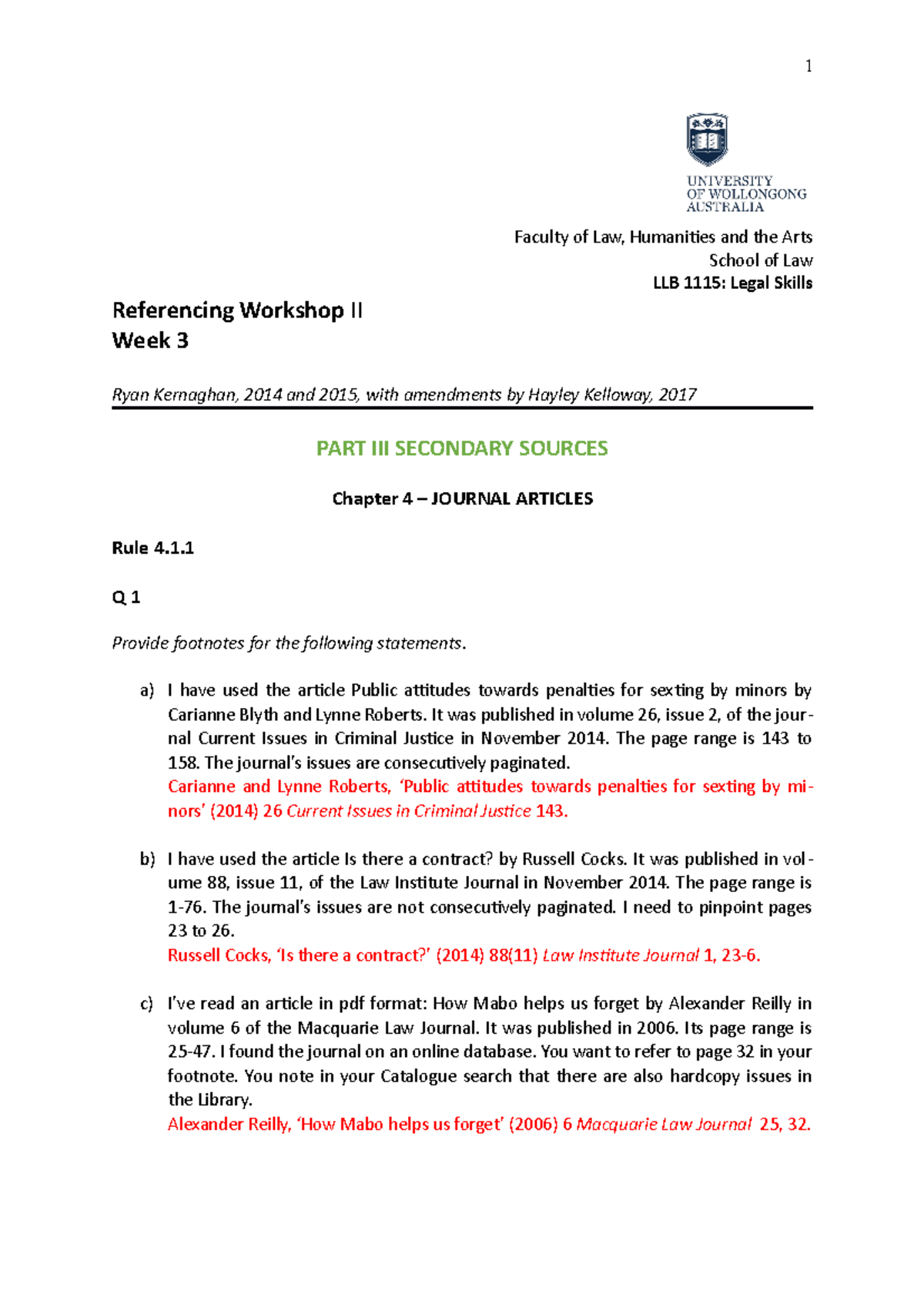Referencing Activity Part Two (1) (Journal Articles) - 1 Faculty of Law ...