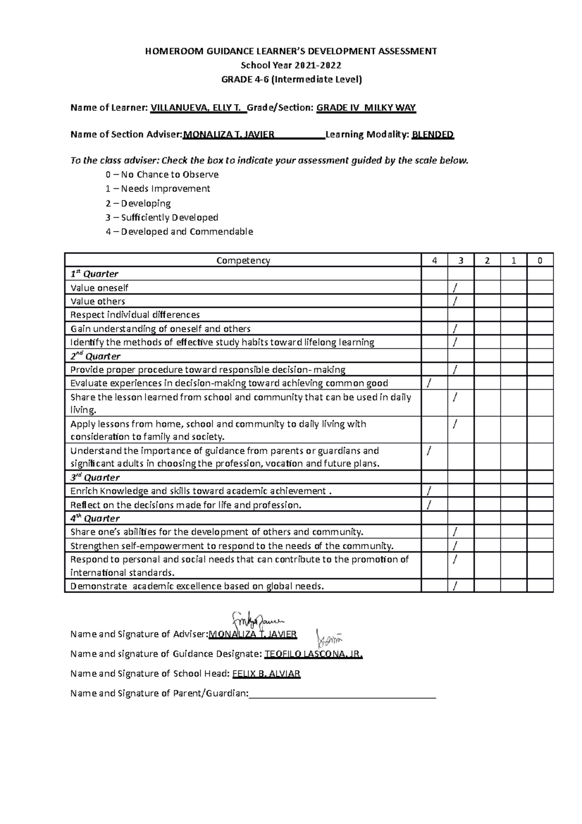 HG Assessment Form Grades 4 6 - School Year 2021- GRADE 4-6 ...