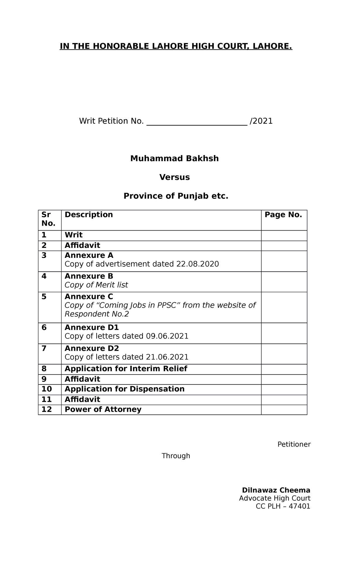 Index Affidavit Application - IN THE HONORABLE LAHORE HIGH COURT ...