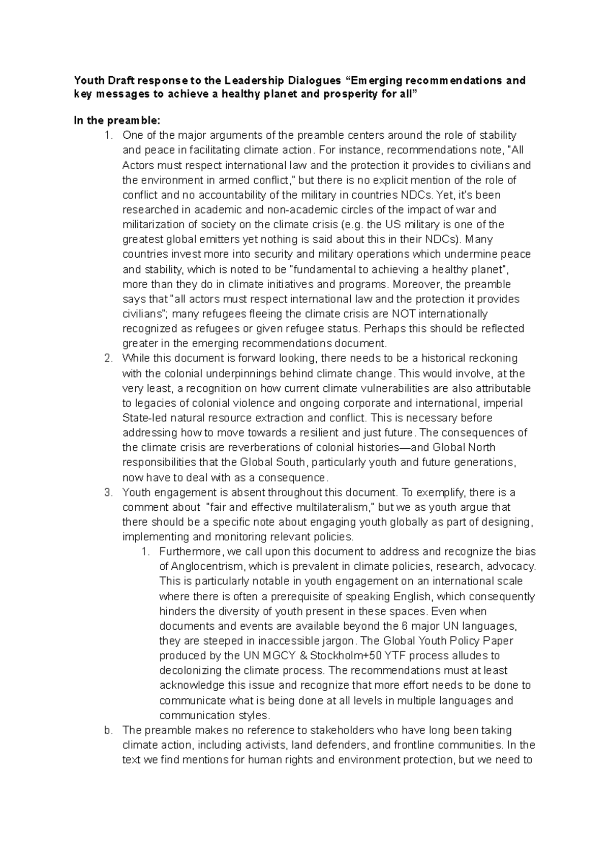 Youth Draft response to the Leadership Dialogues Emerging ...