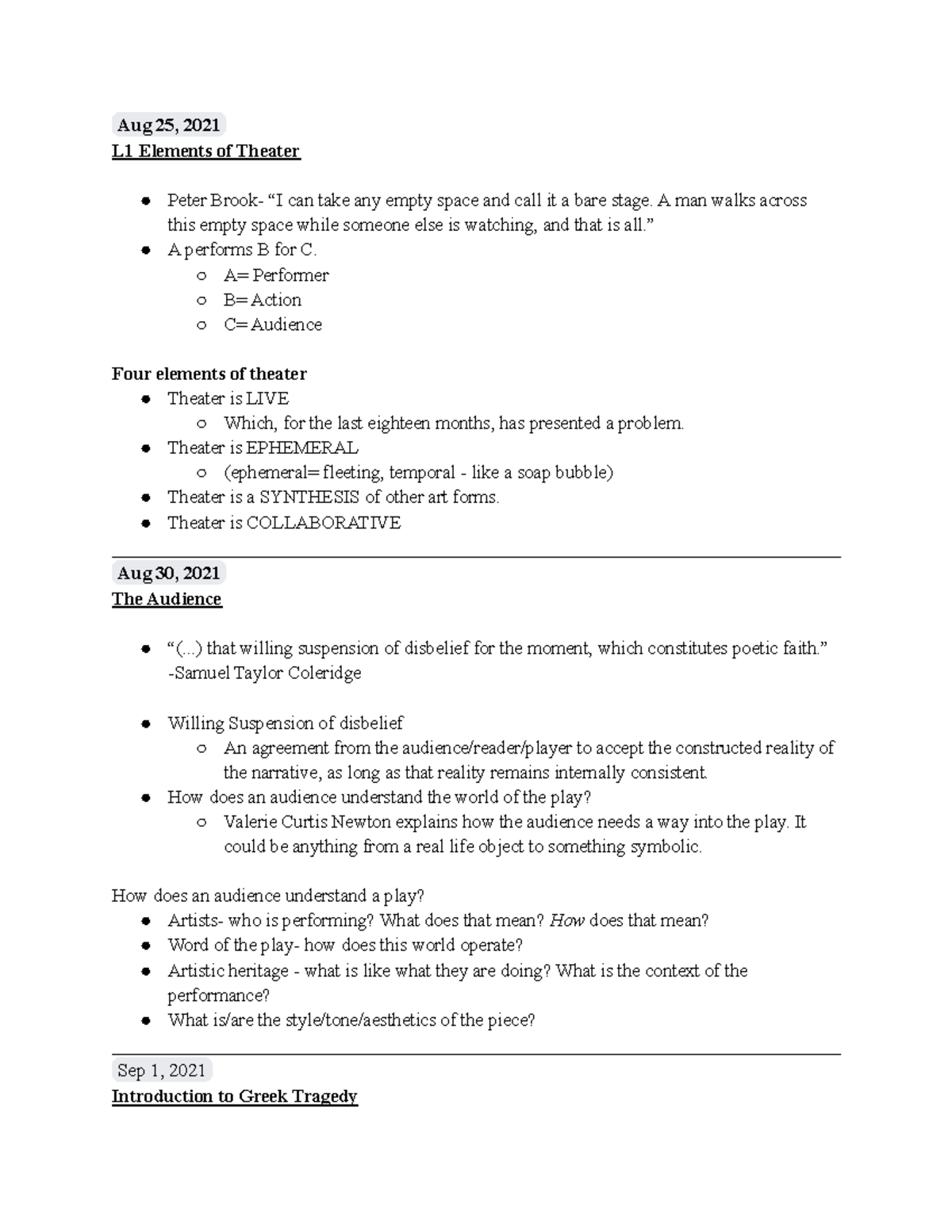 Theatre Class Notes - Aug 25, 2021 L1 Elements of Theater Peter Brook ...